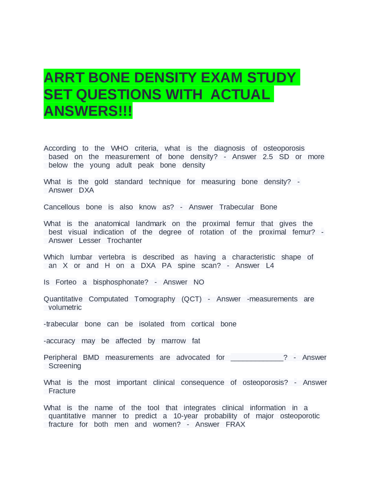 ARRT BONE DENSITY EXAM STUDY SET QUESTIONS WITH ACTUAL ANSWERS. | Exams ...