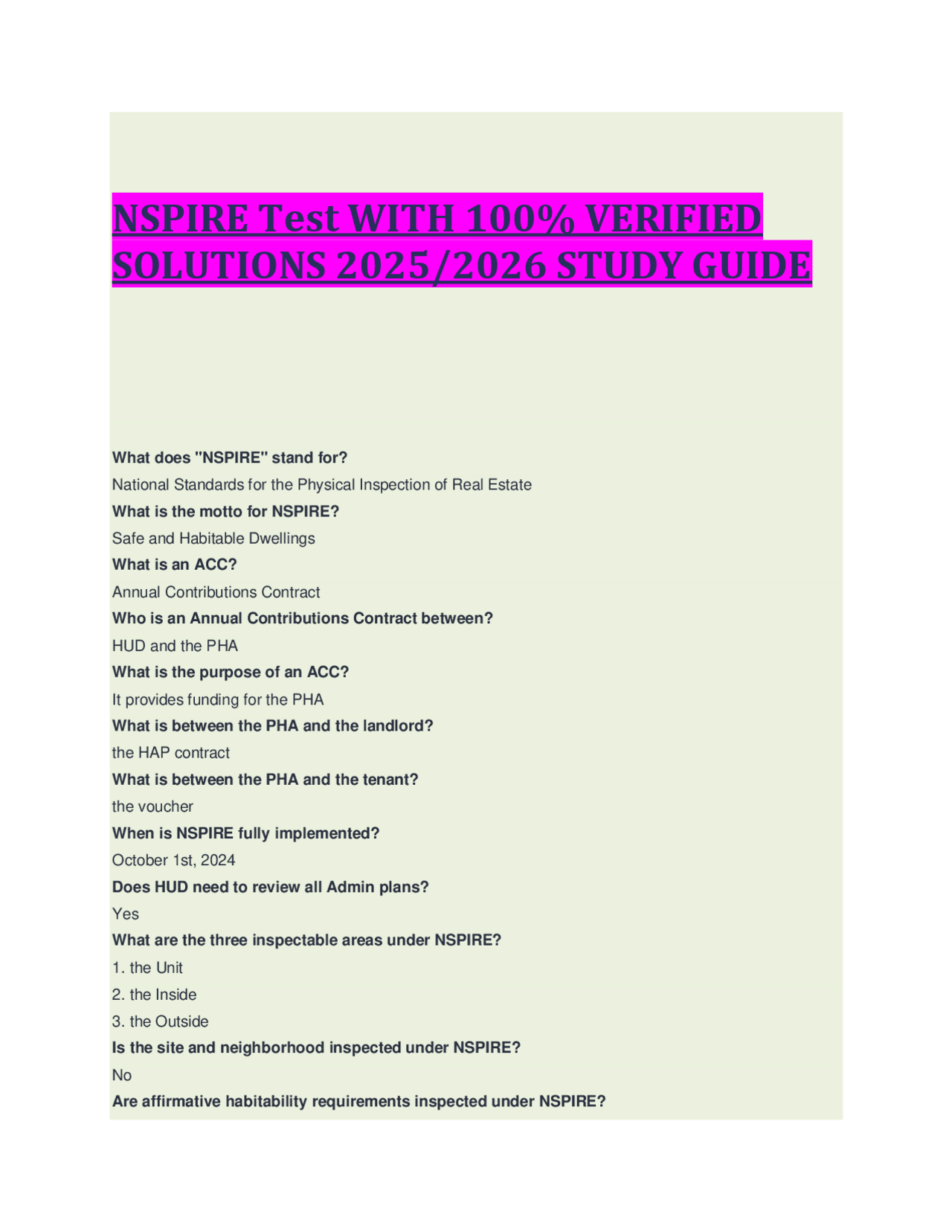 NSPIRE Test WITH 100% VERIFIED SOLUTIONS 2025/2026 STUDY GUIDE | Exams ...