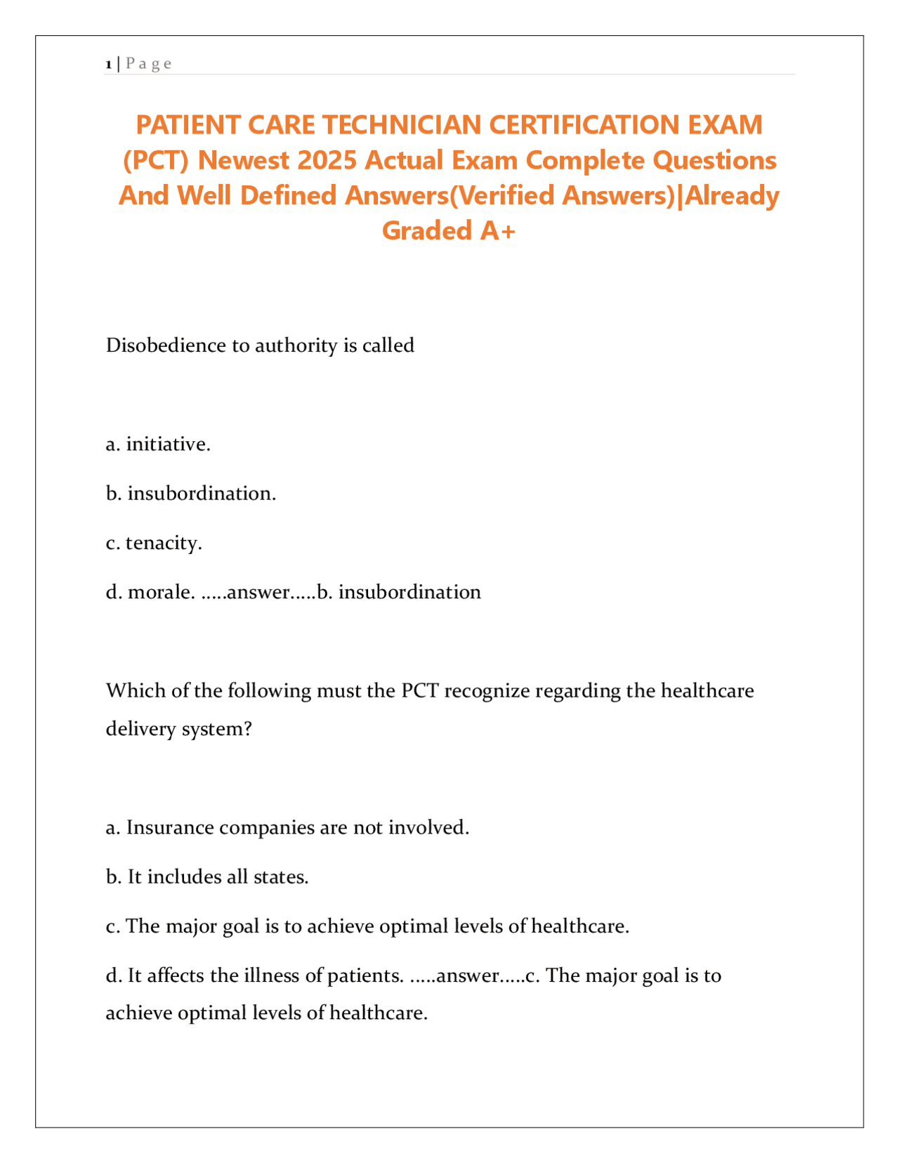 Patient Care Technician Certification Exam (PCT) – Newest 2025 Actual ...