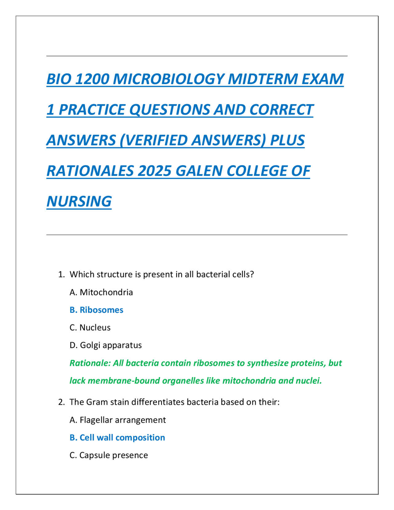 BIO 1200 MICROBIOLOGY MIDTERM EXAM 1 PRACTICE QUESTIONS AND CORRECT ...