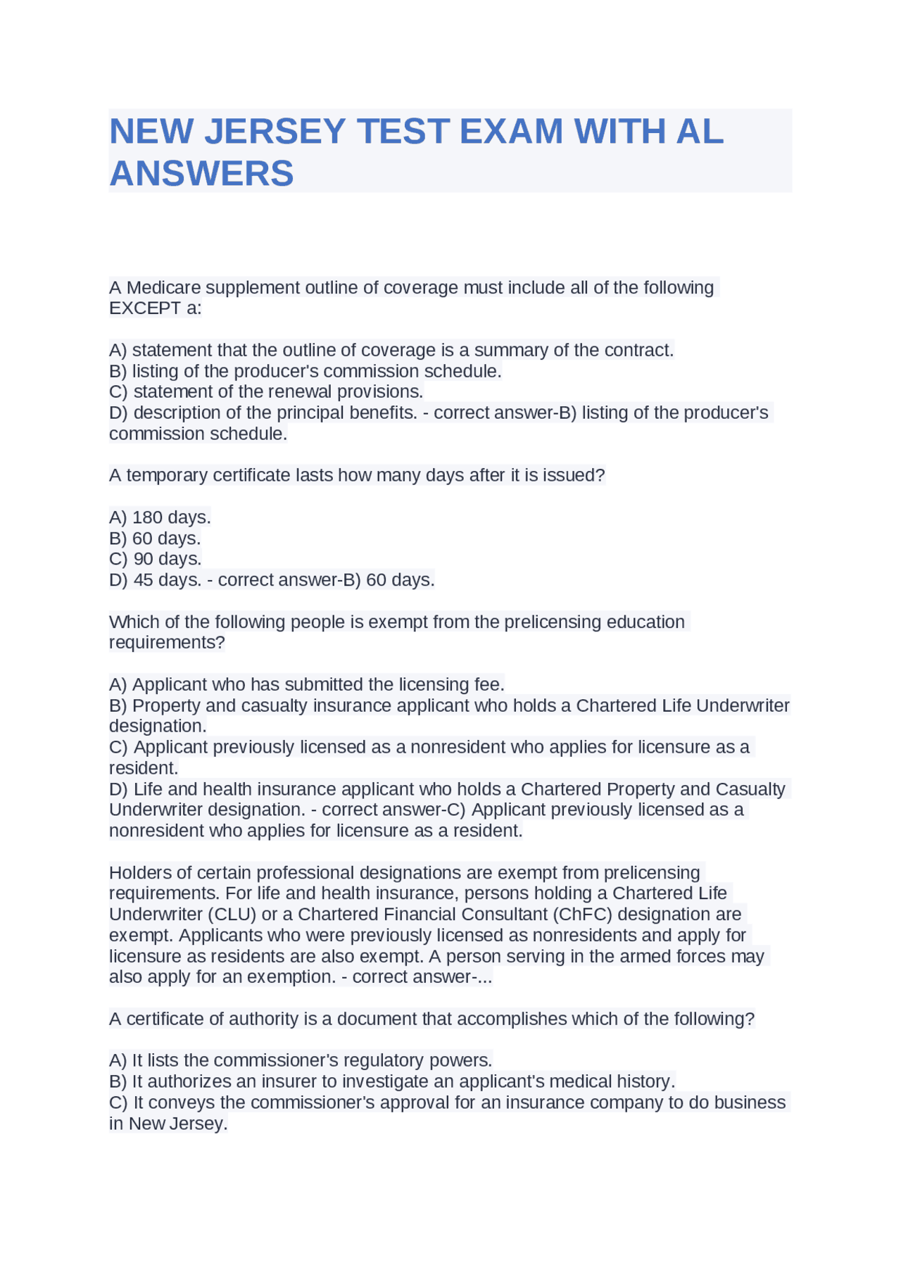 NEW JERSEY TEST EXAM WITH AL ANSWERS. | Exams Advanced Education | Docsity
