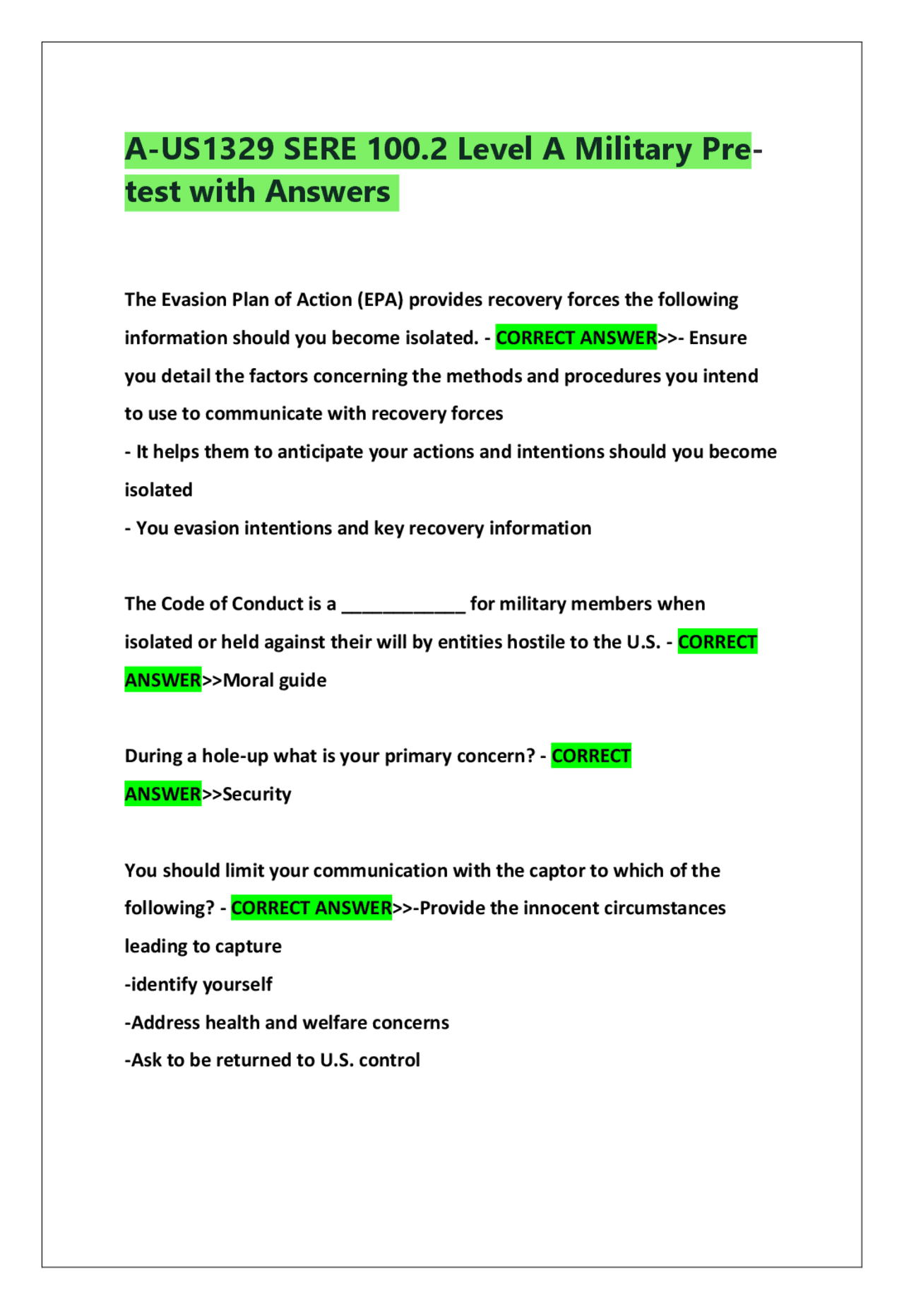 A-US1329 SERE 100.2 Level A Military Pre test with Answers | Exams ...