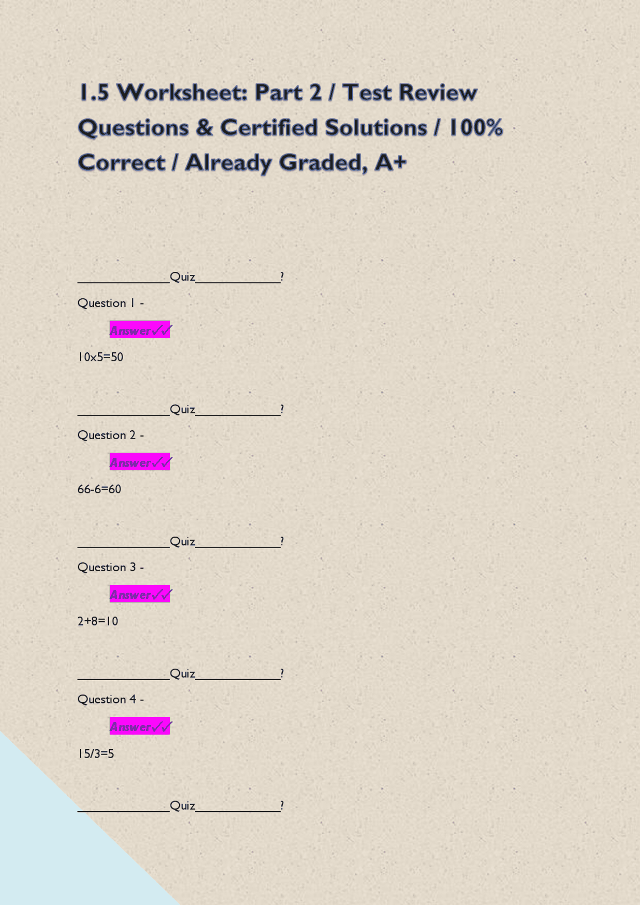 1.5 Worksheet: Part 2 / Test Review Questions & Certified Solutions ...