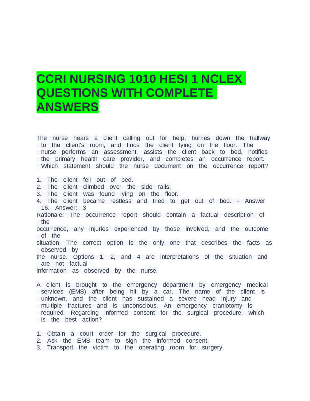 CCRI NURSING 1010 HESI 1 NCLEX QUESTIONS WITH COMPLETE ANSWERS.docx ...
