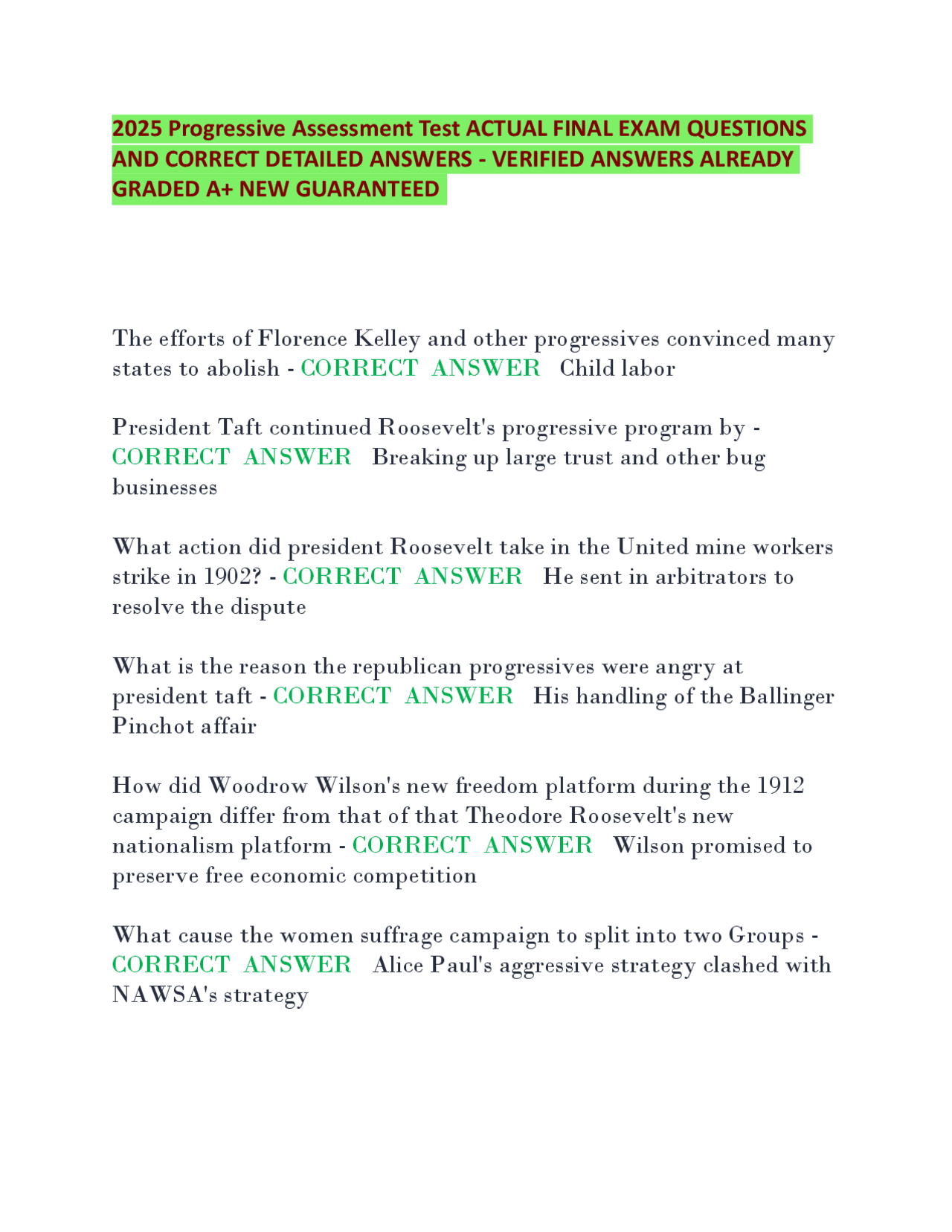 Progressive Assessment Test ACTUAL FINAL EXAM QUESTIONS AND CORRECT ...