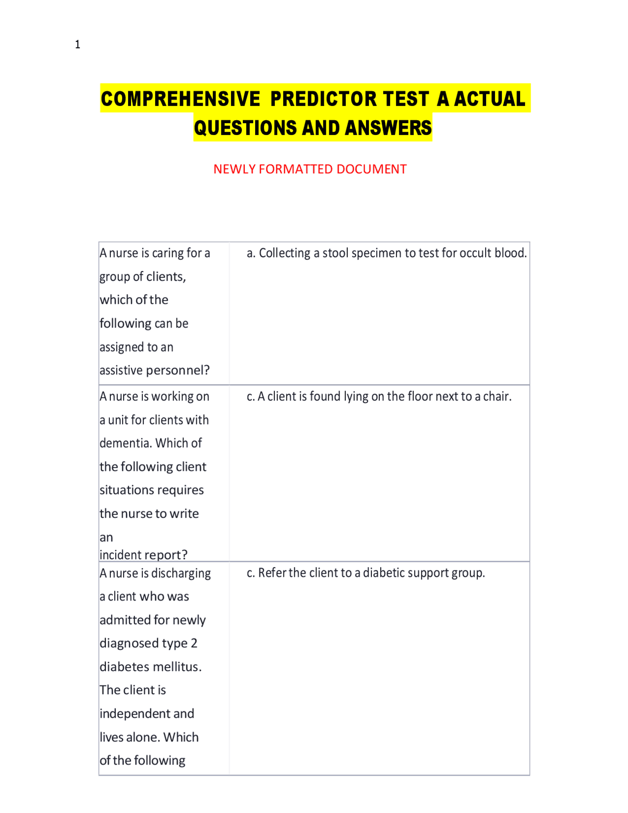 COMPREHENSIVE PREDICTOR TEST A ACTUAL QUESTIONS AND ANSWERS | Exams ...