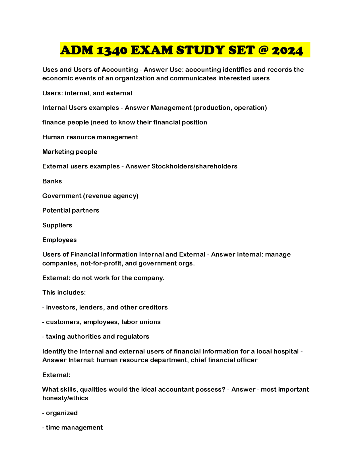 ADM 1340 EXAM STUDY SET @ 2024-2026 | Exams Advanced Education | Docsity