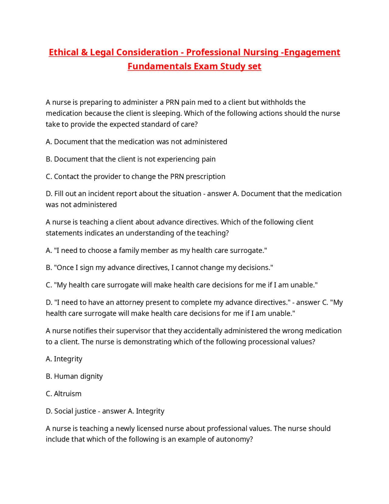 Ethical & Legal Consideration - Professional Nursing -Engagement ...