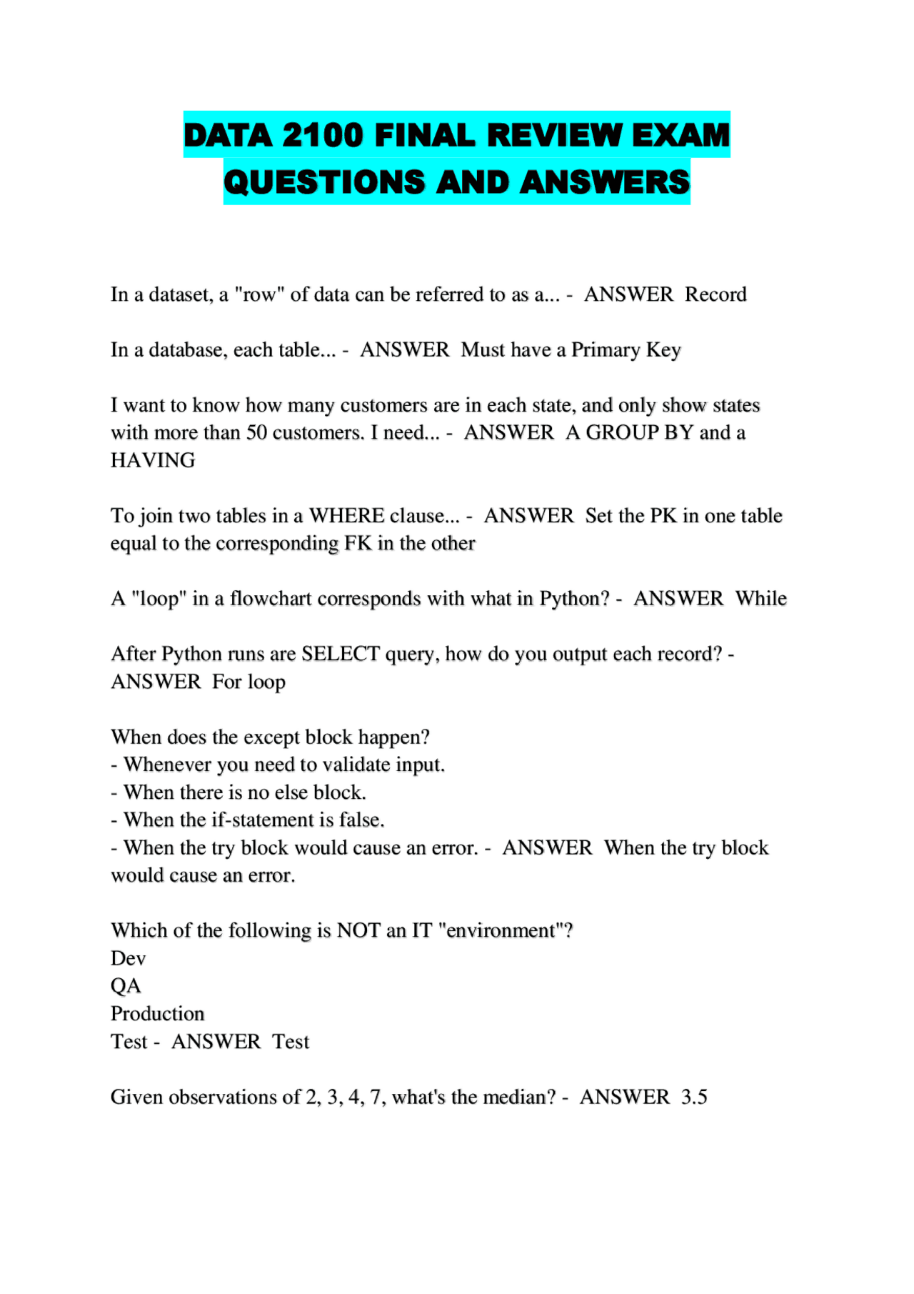 DATA 2100 FINAL REVIEW EXAM QUESTIONS AND ANSWERS | Exams Advanced ...