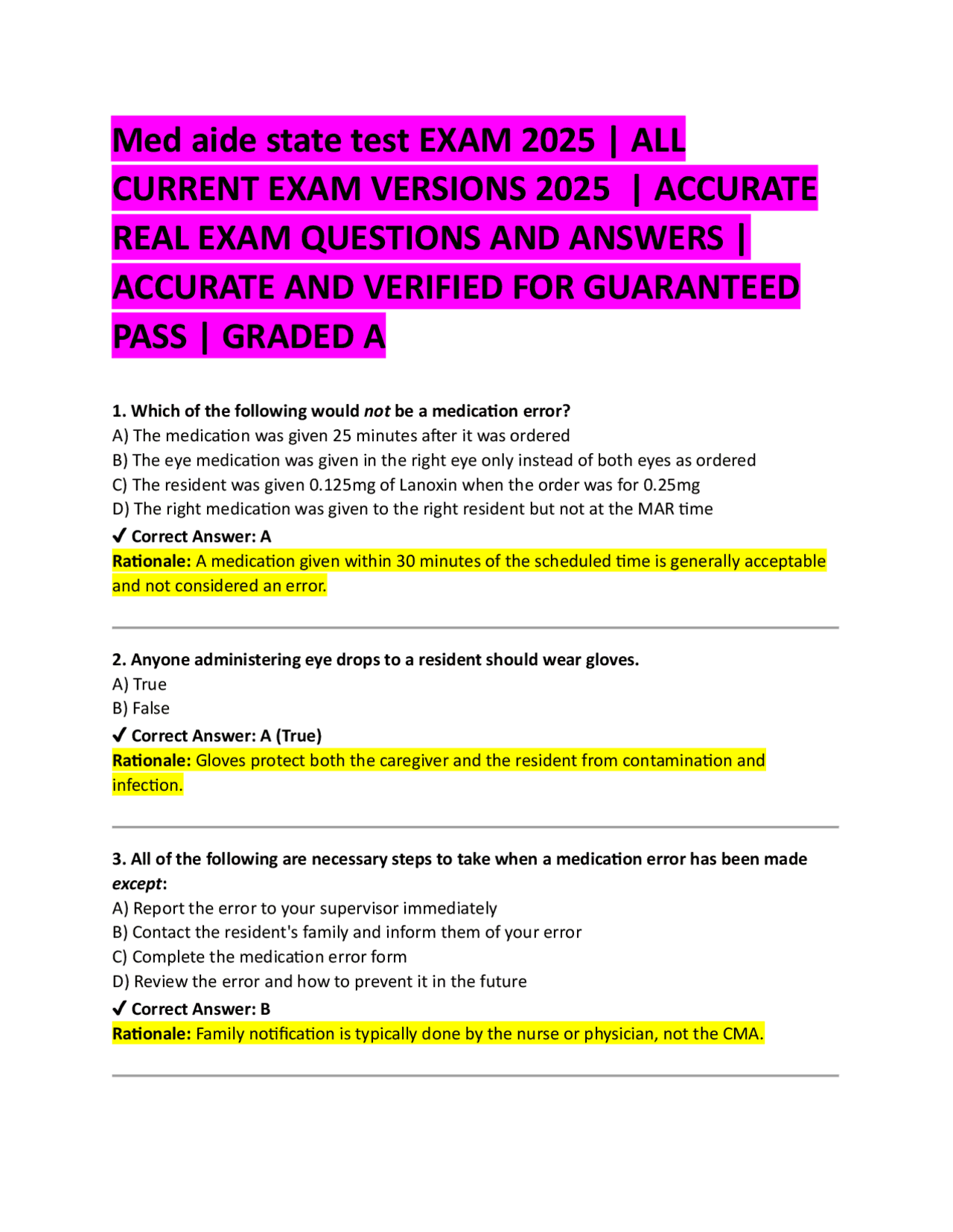 Med aide state test EXAM 2025 | ALL CURRENT EXAM VERSIONS 2025 ...