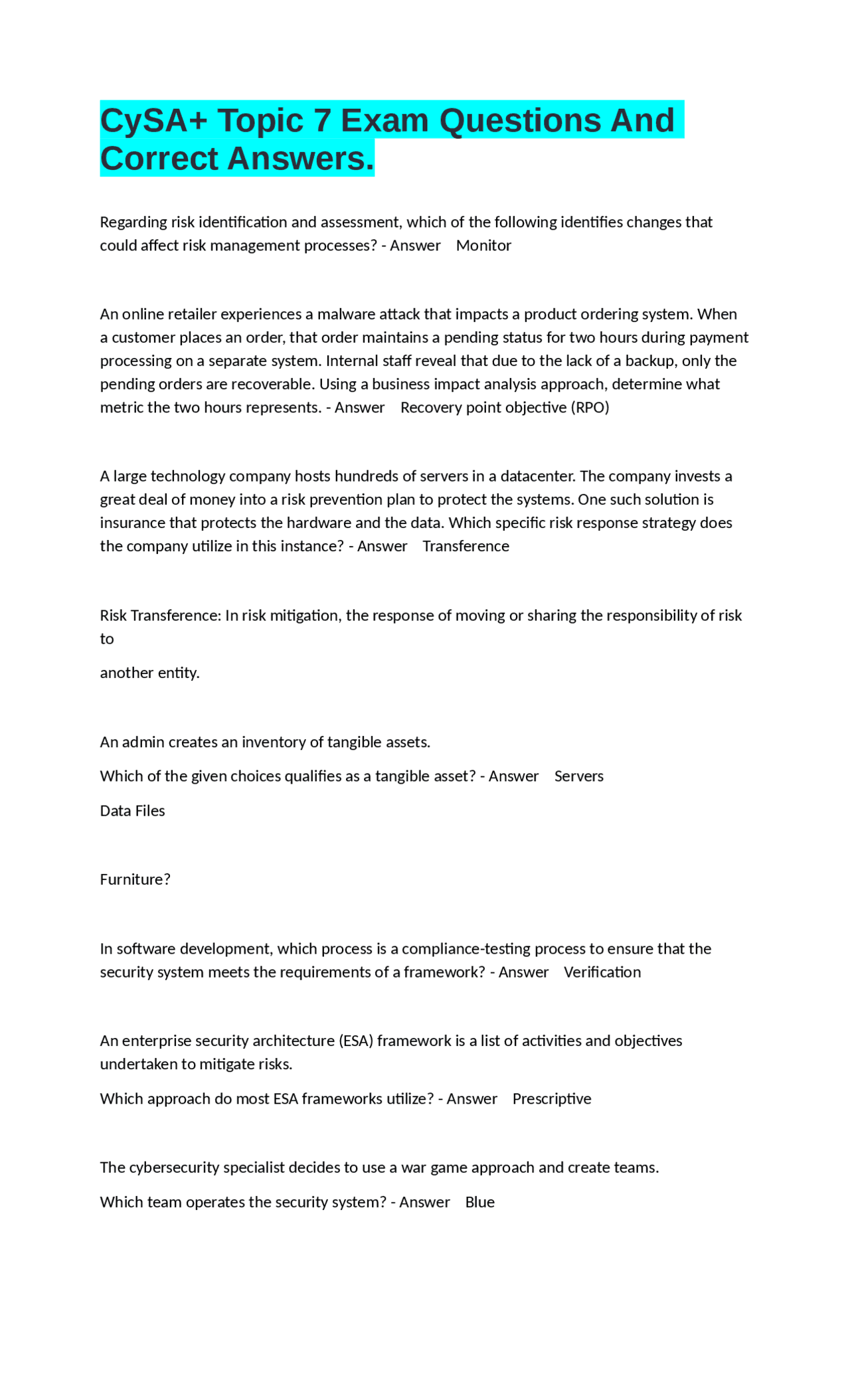 CySA+ Topic 7 Exam Questions And Correct Answers. | Exams Advanced Data ...