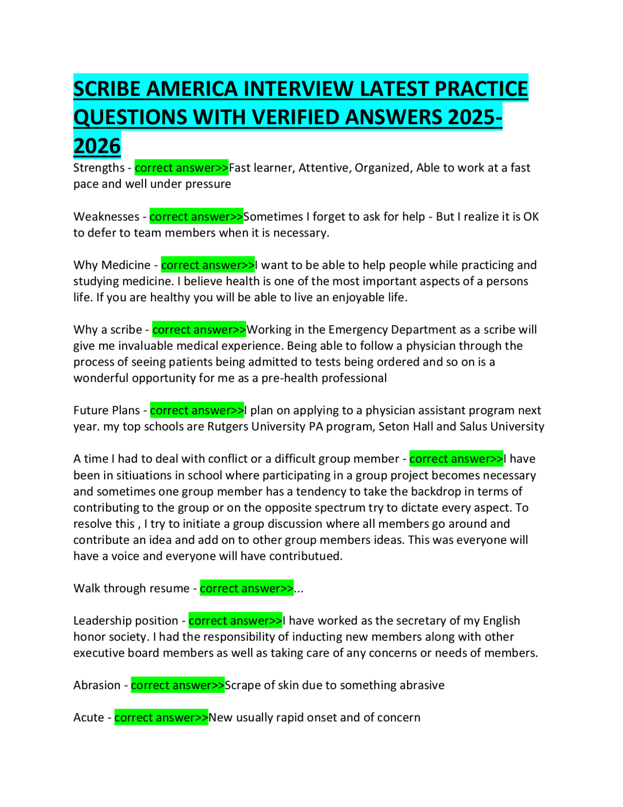 SCRIBE AMERICA INTERVIEW LATEST PRACTICE QUESTIONS WITH VERIFIED ...