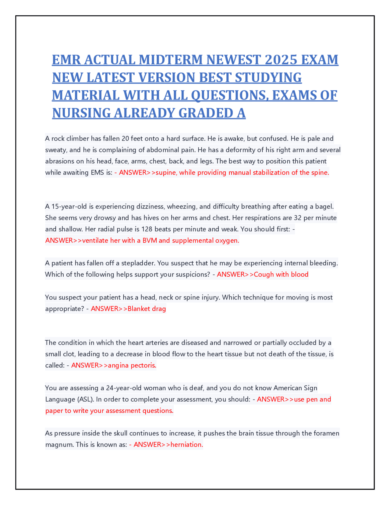 EMR ACTUAL MIDTERM NEWEST 2025 EXAM NEW LATEST VERSION BEST STUDYING ...