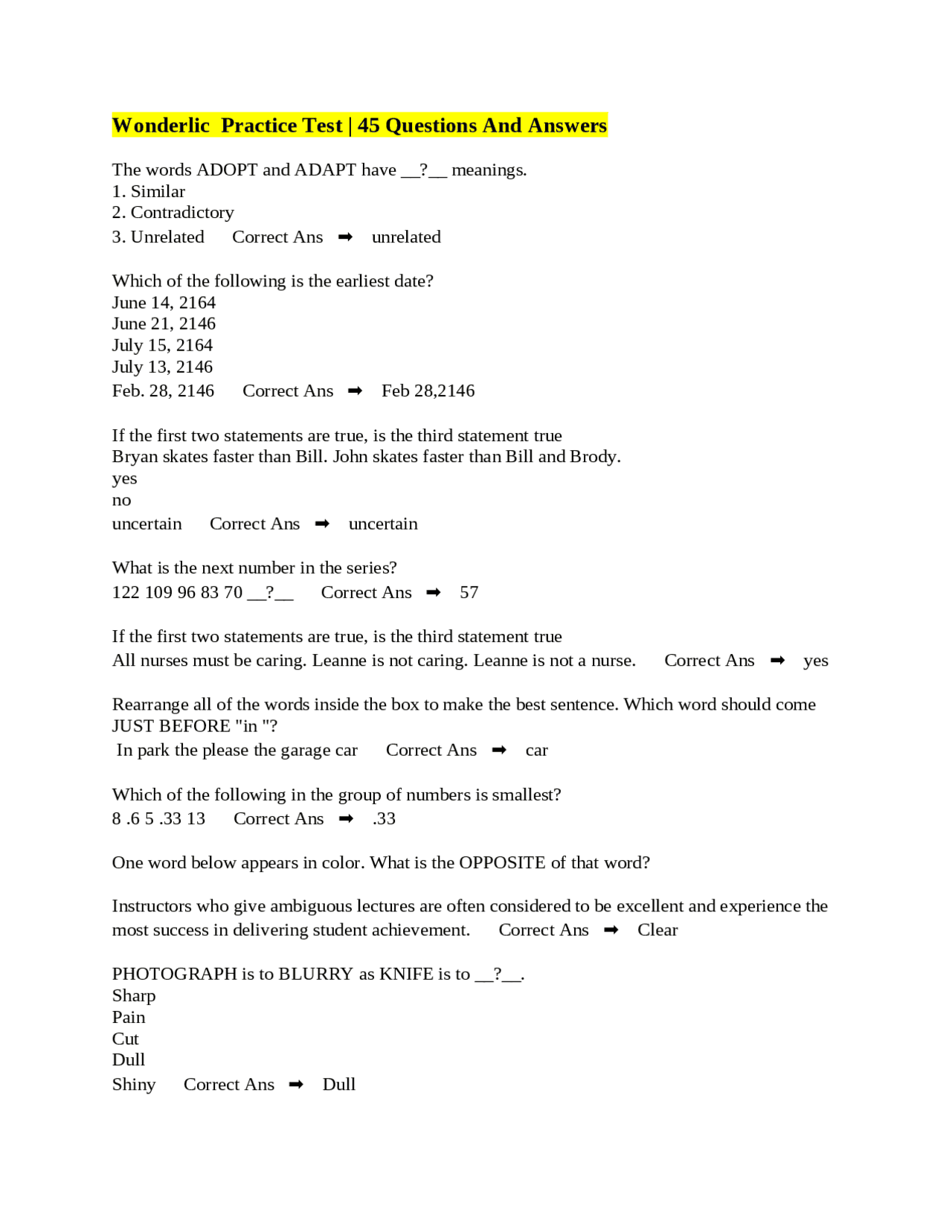 Wonderlic Practice Test | 45 Questions And Answers | Exams Public ...