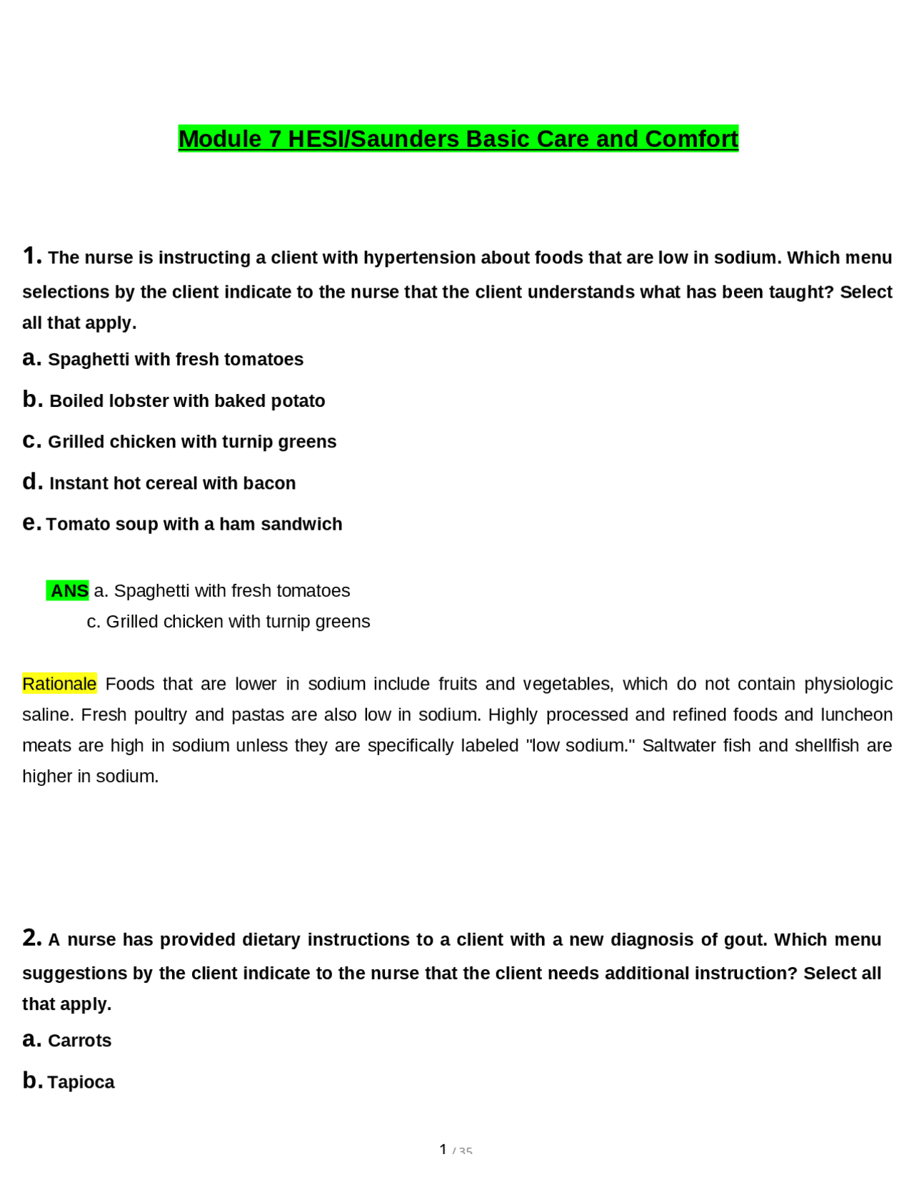 Module 7 HESI/Saunders Basic Care and Comfort | Exams Nursing | Docsity