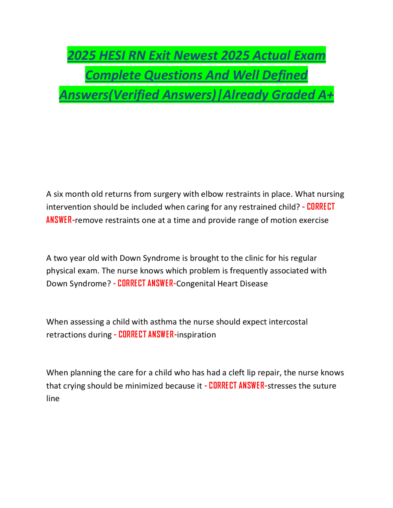 2025 HESI RN Exit Newest 2025 Actual Exam Complete Questions And Well ...