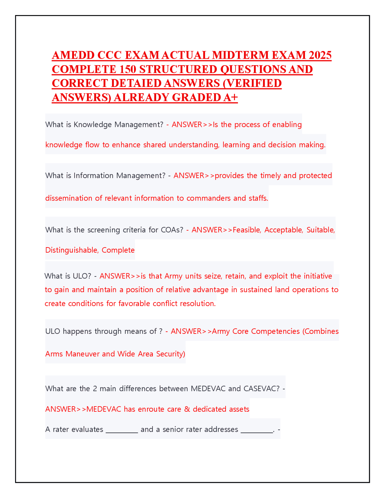 AMEDD CCC EXAM ACTUAL MIDTERM EXAM 2025 COMPLETE STRUCTURED QUESTIONS ...