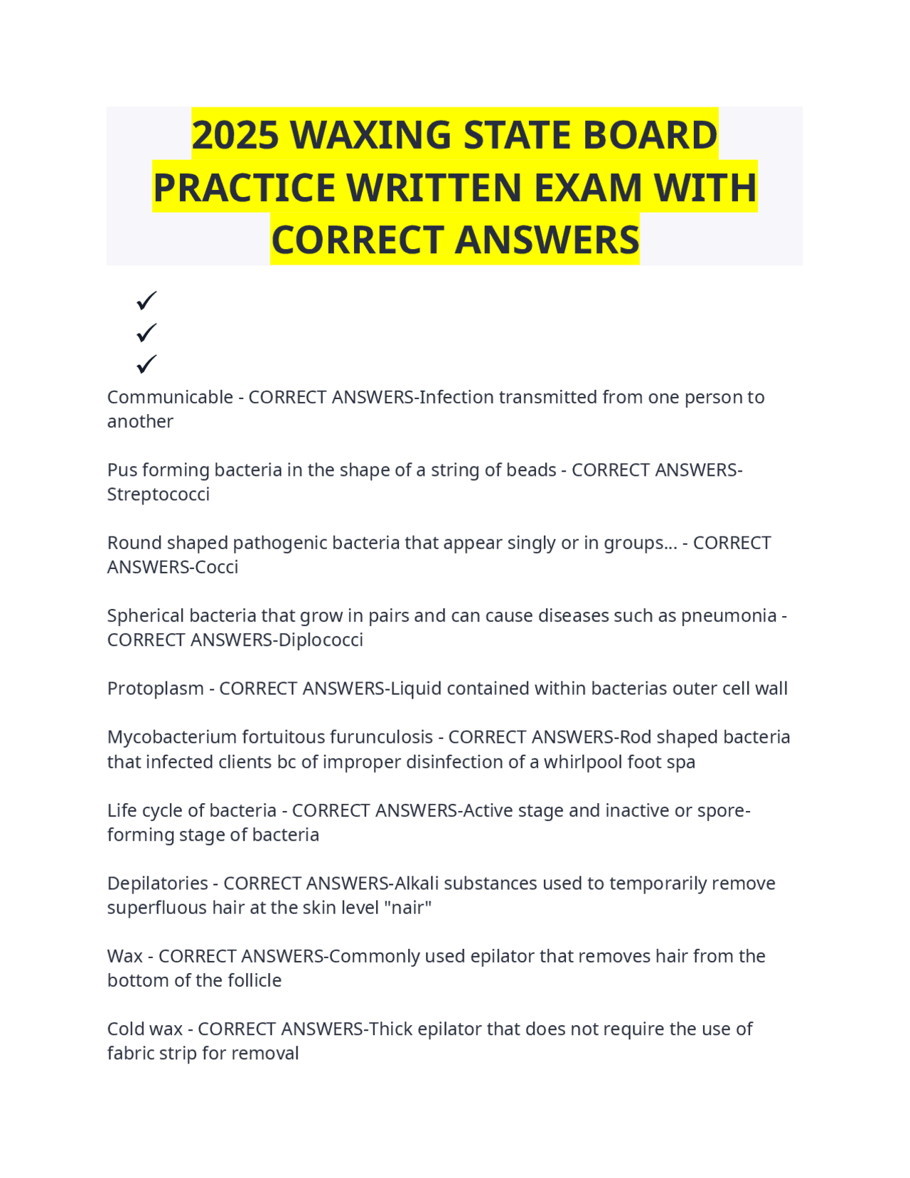 2025 WAXING STATE BOARD PRACTICE WRITTEN EXAM WITH CORRECT ANSWERS ...
