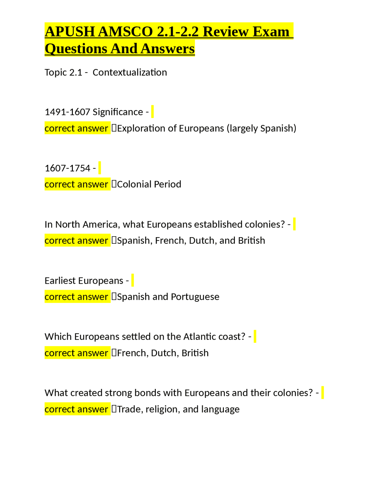 APUSH AMSCO 2.1-2.2 Review Exam Questions And Answers | Exams History ...