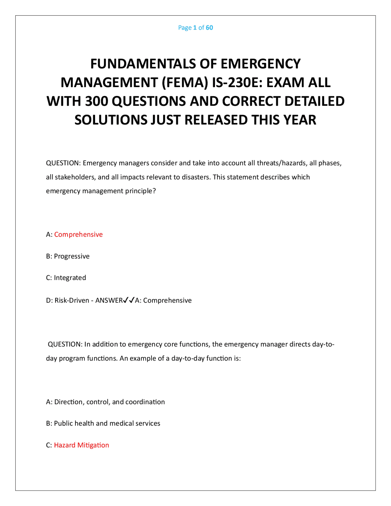 FUNDAMENTALS OF EMERGENCY MANAGEMENT (FEMA) IS-230E EXAM ALL WITH 300 ...