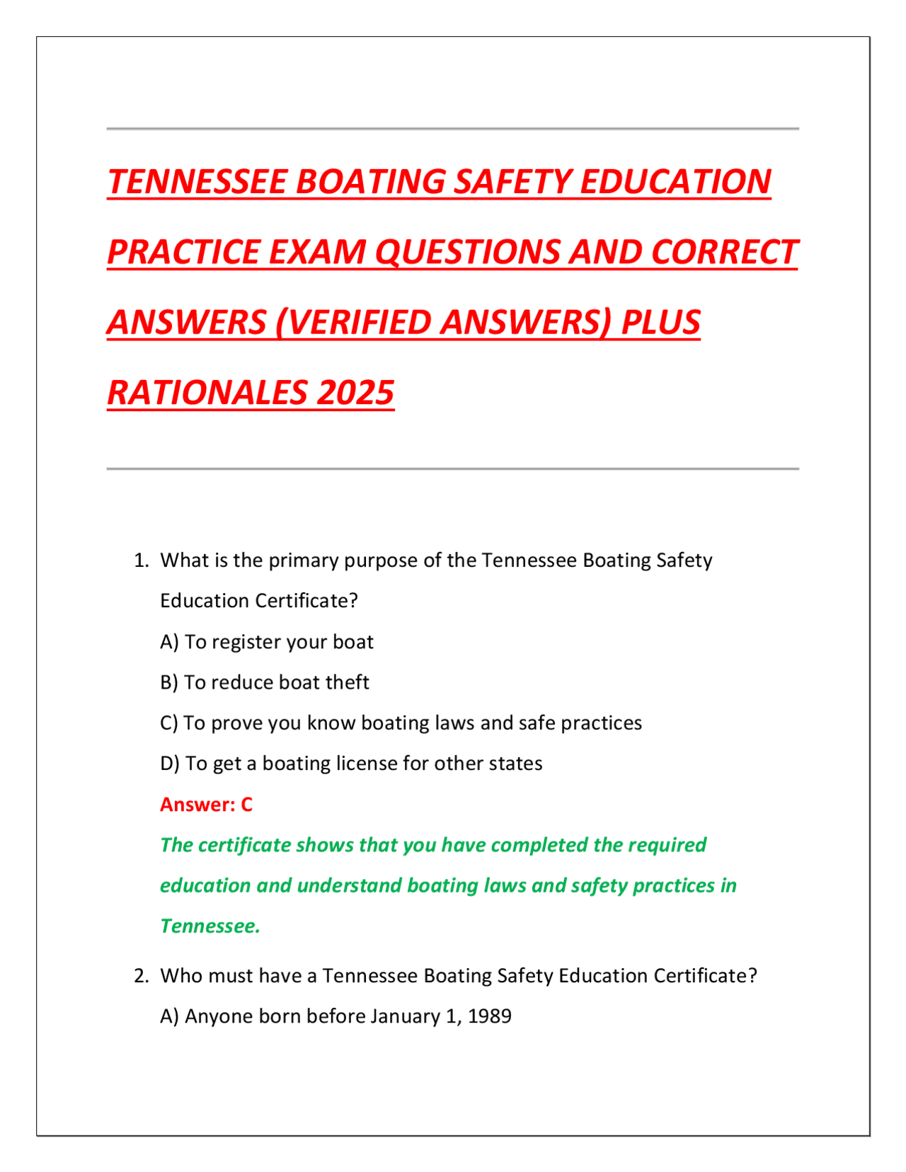 TENNESSEE BOATING SAFETY EDUCATION PRACTICE EXAM QUESTIONS AND CORRECT ...