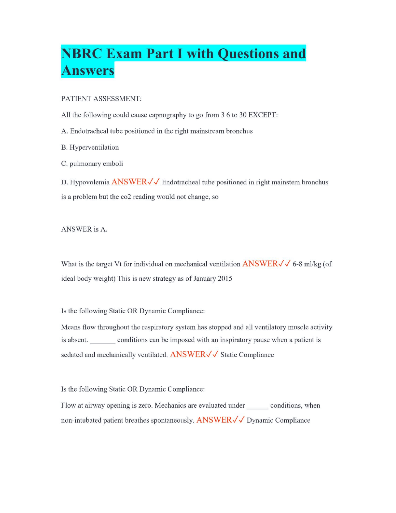 NBRC Exam Part I with Questions and Answers | Exams Medicine | Docsity