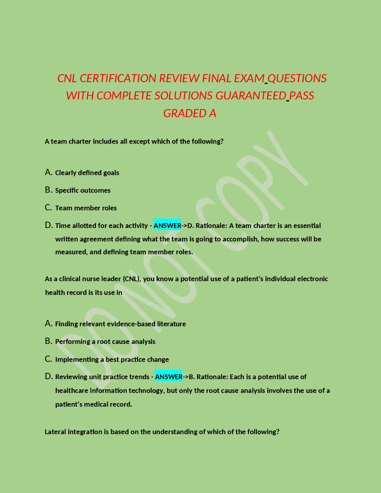 CNL CERTIFICATION REVIEW FINAL EXAM QUESTIONS WITH COMPLETE SOLUTIONS ...