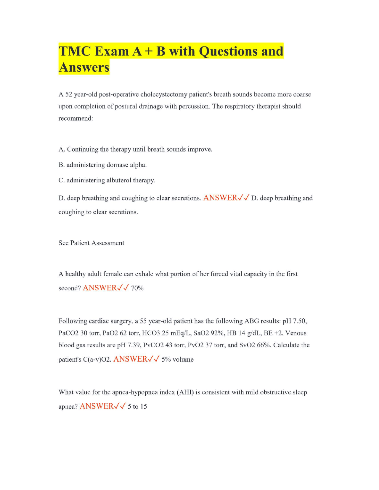 TMC Exam A + B with Questions and Answers | Exams Medicine | Docsity