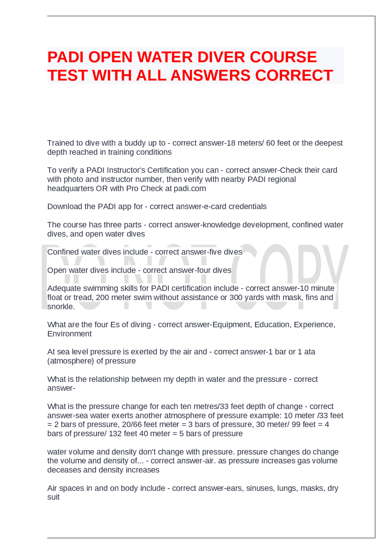 PADI OPEN WATER DIVER COURSE TEST WITH ALL ANSWERS CORRECT. | Exams ...