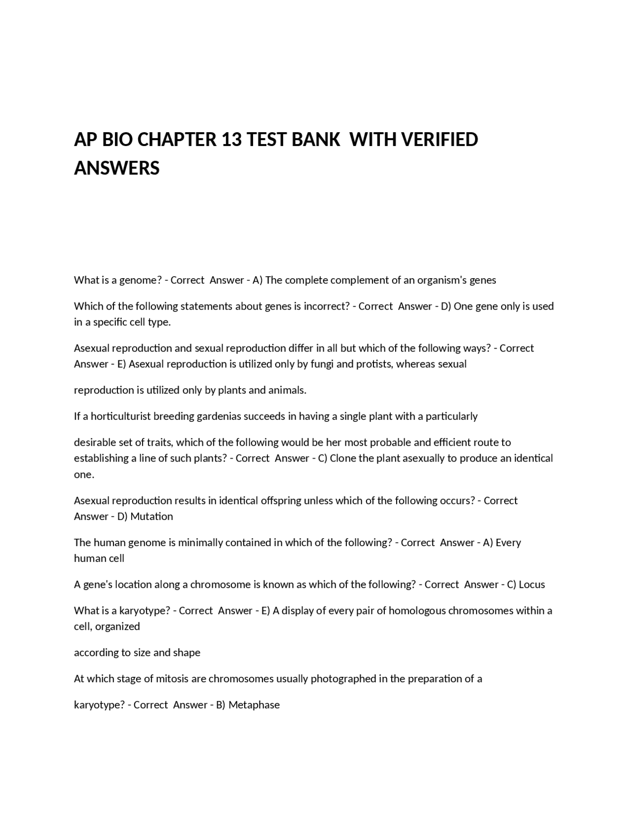 ap bio chapter 13 test bank with verified answers. | Exams Nursing ...