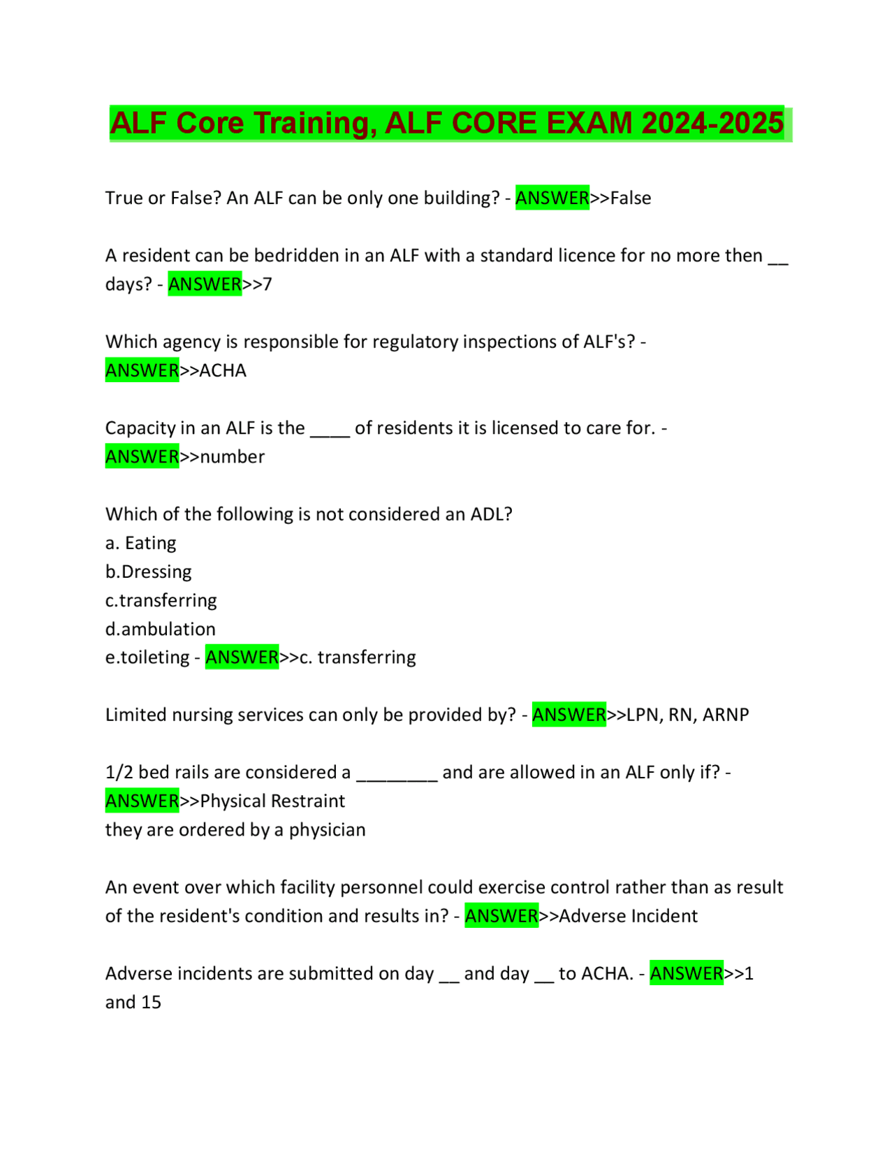 ALF Core Training, ALF CORE EXAM 2024-2025 | Exams Nursing | Docsity
