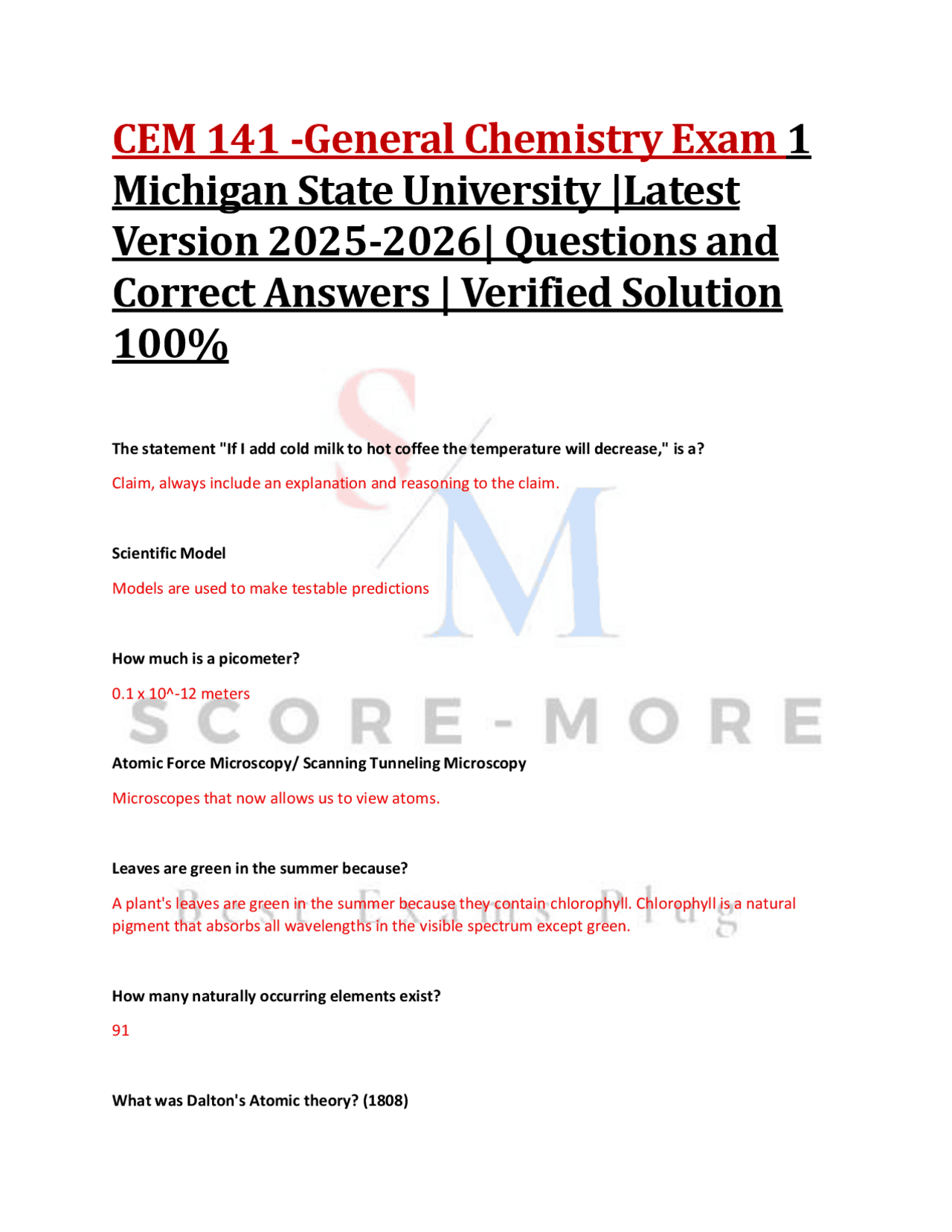 CEM 141 -General Chemistry Exam 1 Michigan State University |Latest ...