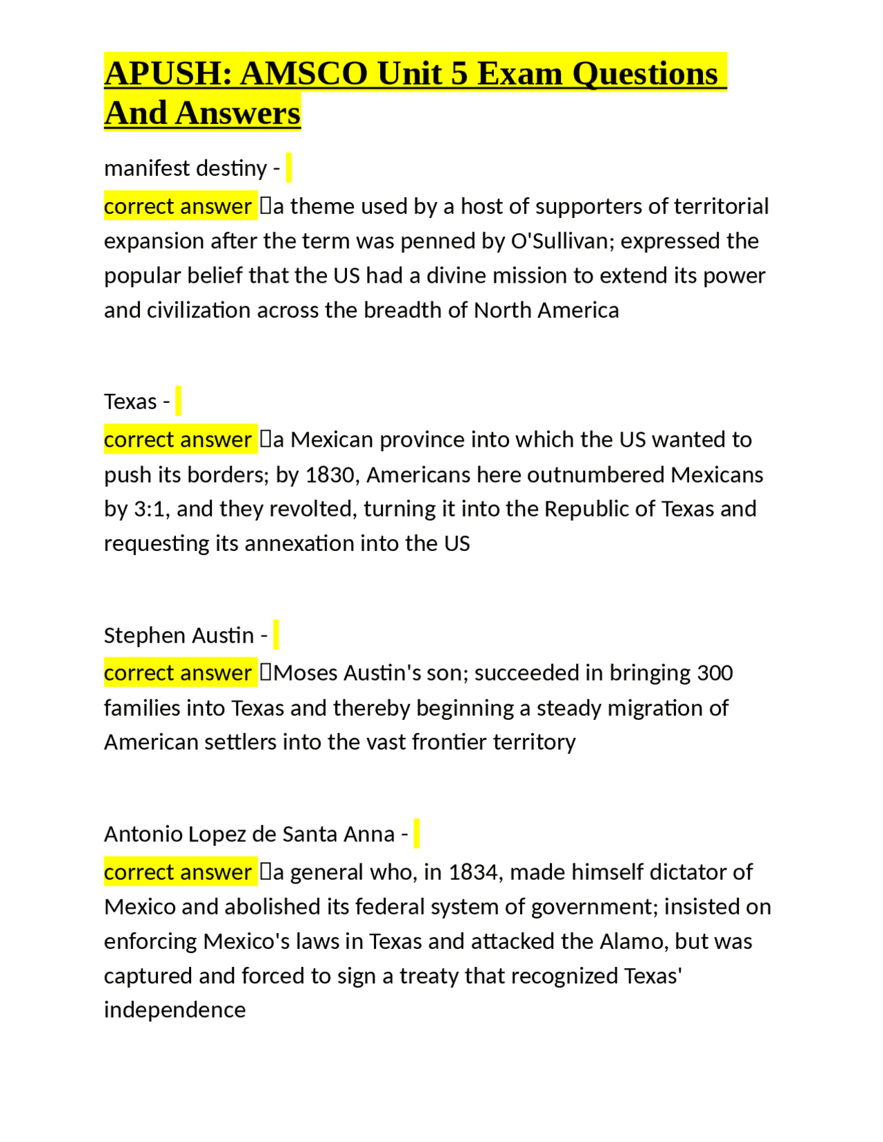 APUSH: AMSCO Unit 5 Exam Questions And Answers | Exams History | Docsity