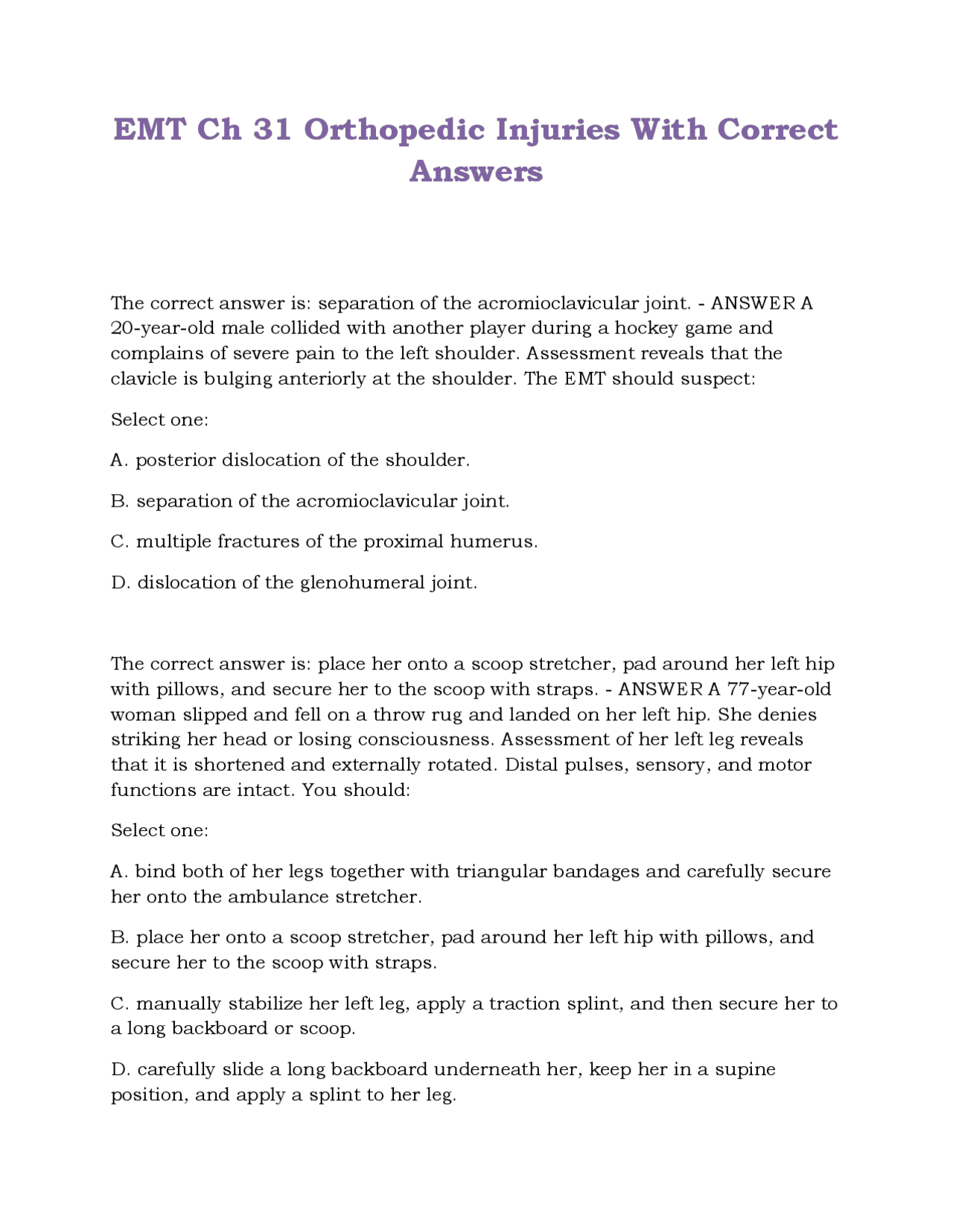EMT Ch 31 Orthopedic Injuries With Correct Answers | Exams Orthopedics ...