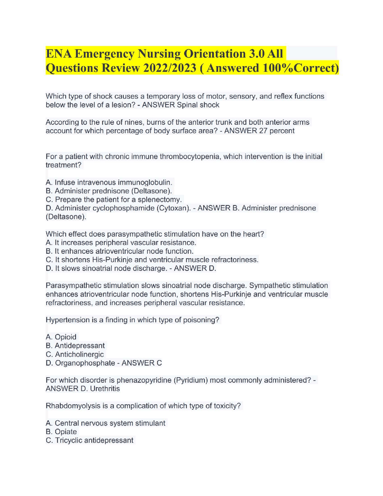 Ena emergency nursing orientation 3 0 questions and answers | Exams ...