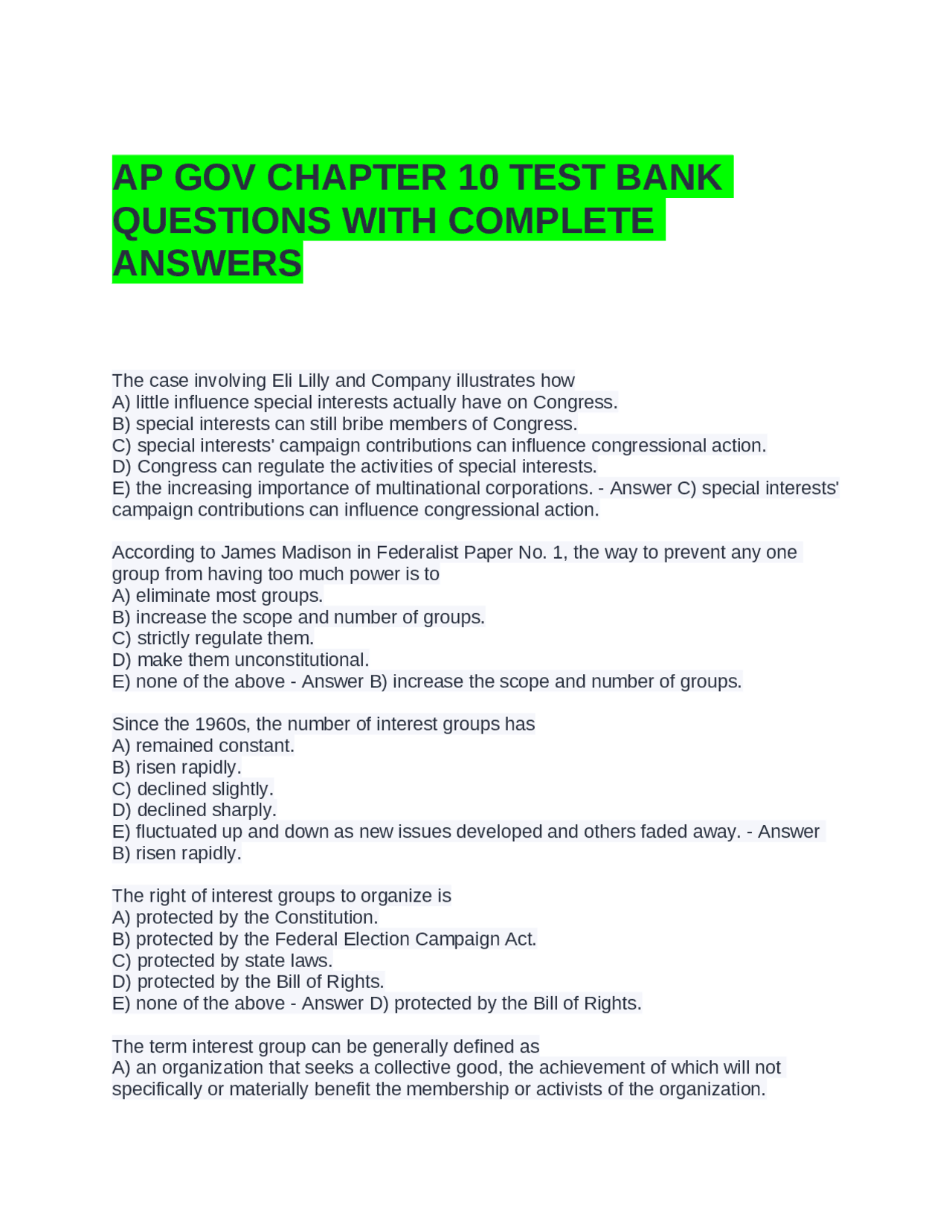 AP GOV CHAPTER 10 TEST BANK QUESTIONS WITH COMPLETE ANSWERS. | Exams ...