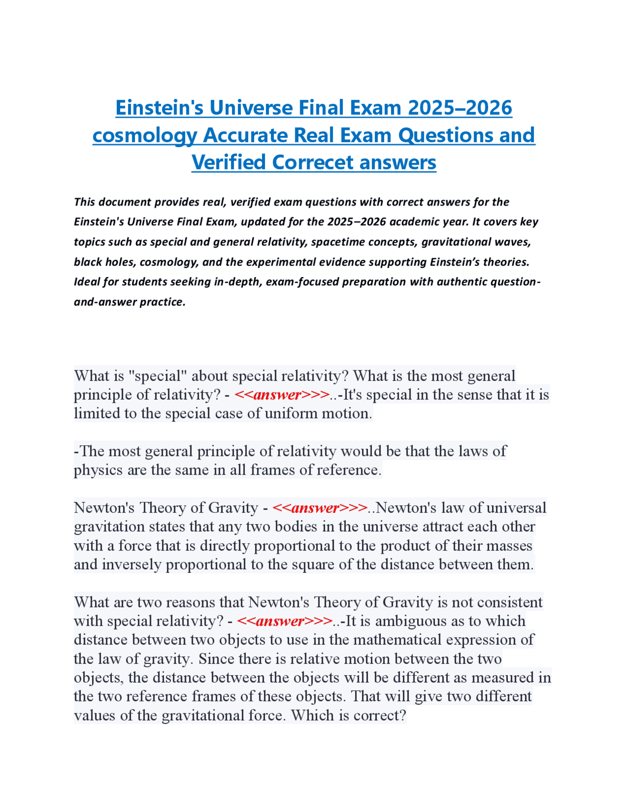 Einstein's Universe Final Exam 2025–2026 cosmology Accurate Real Exam ...