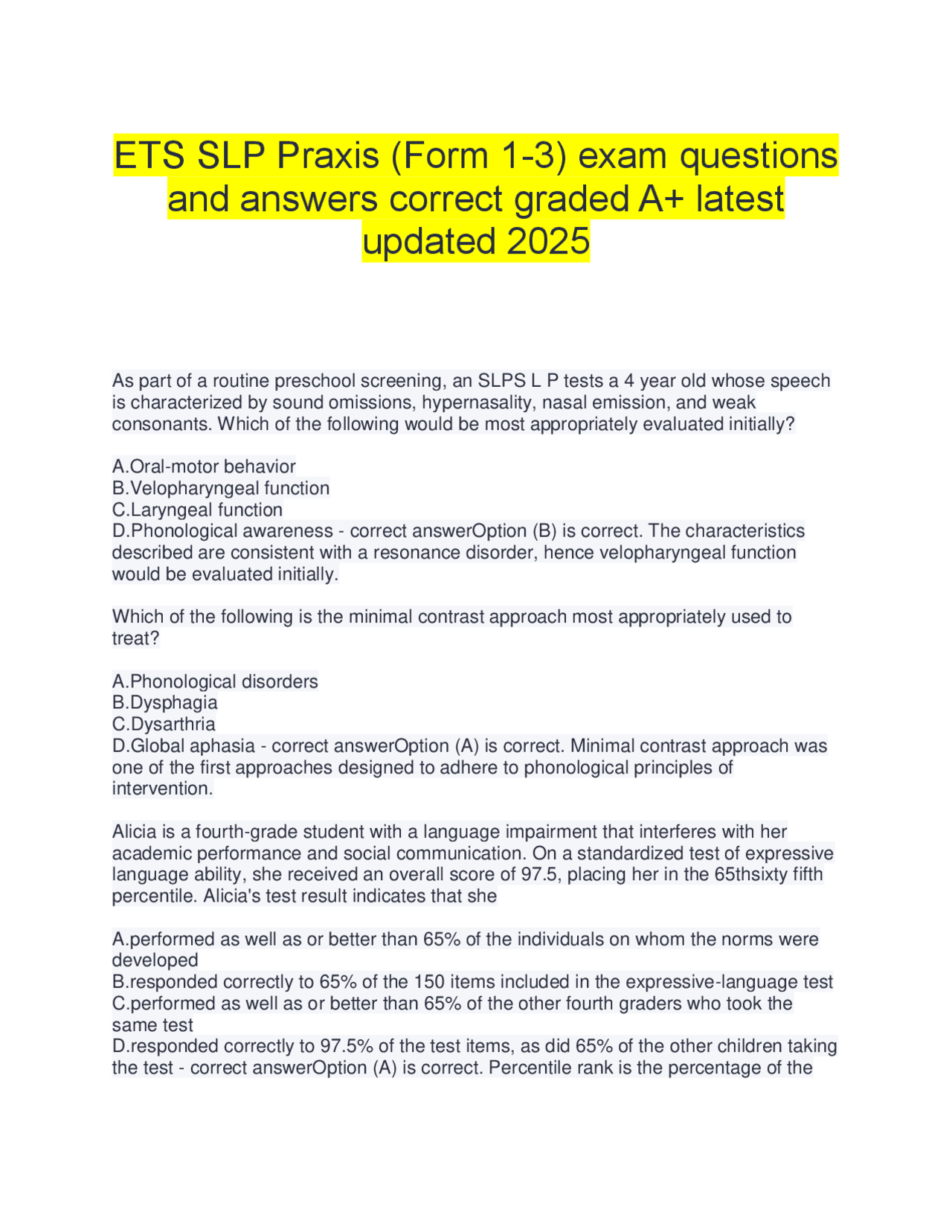 ETS SLP Praxis (Form 1-3) exam questions and answers correct graded A+ ...