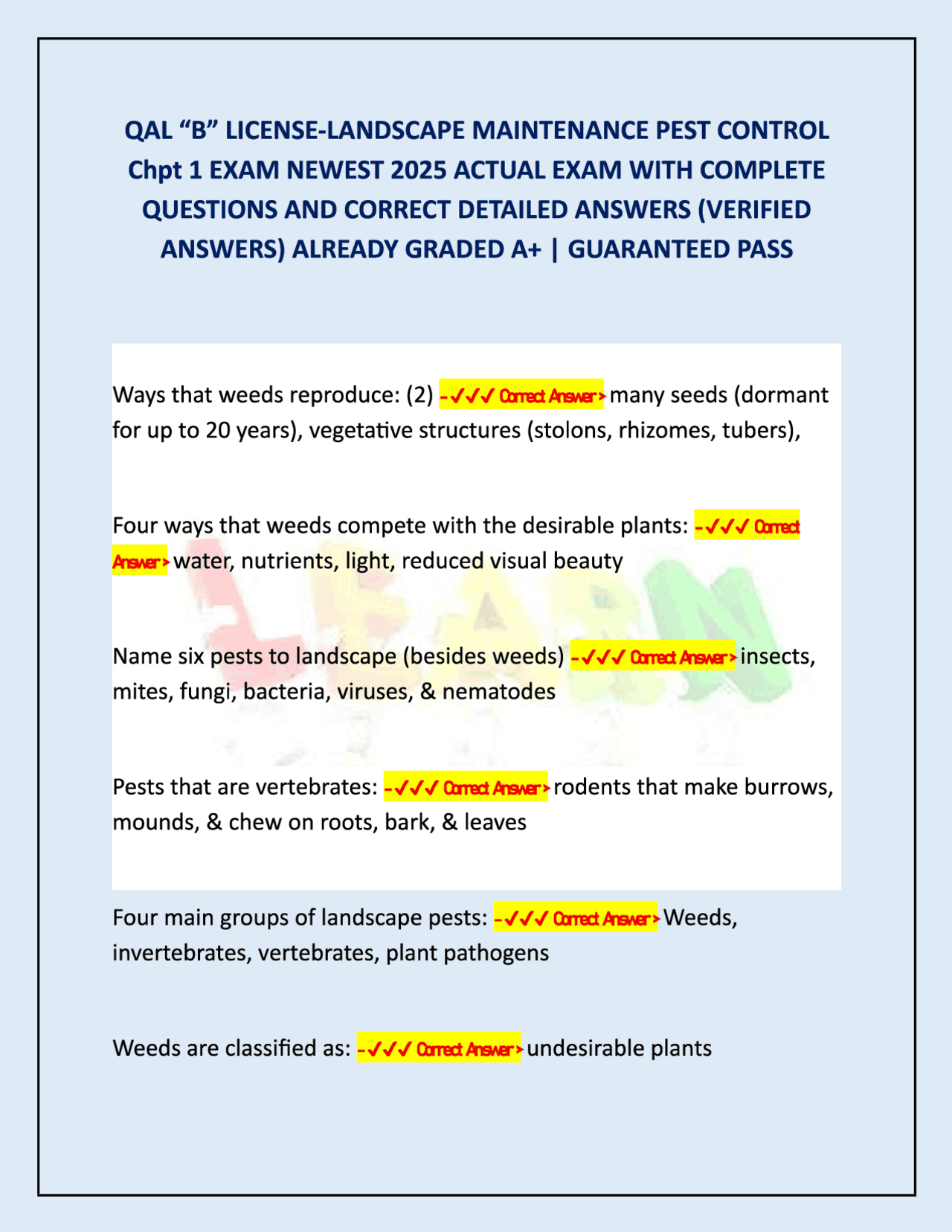 QAL “B” LICENSE-LANDSCAPE MAINTENANCE PEST CONTROL.pdf | Exams Pest ...
