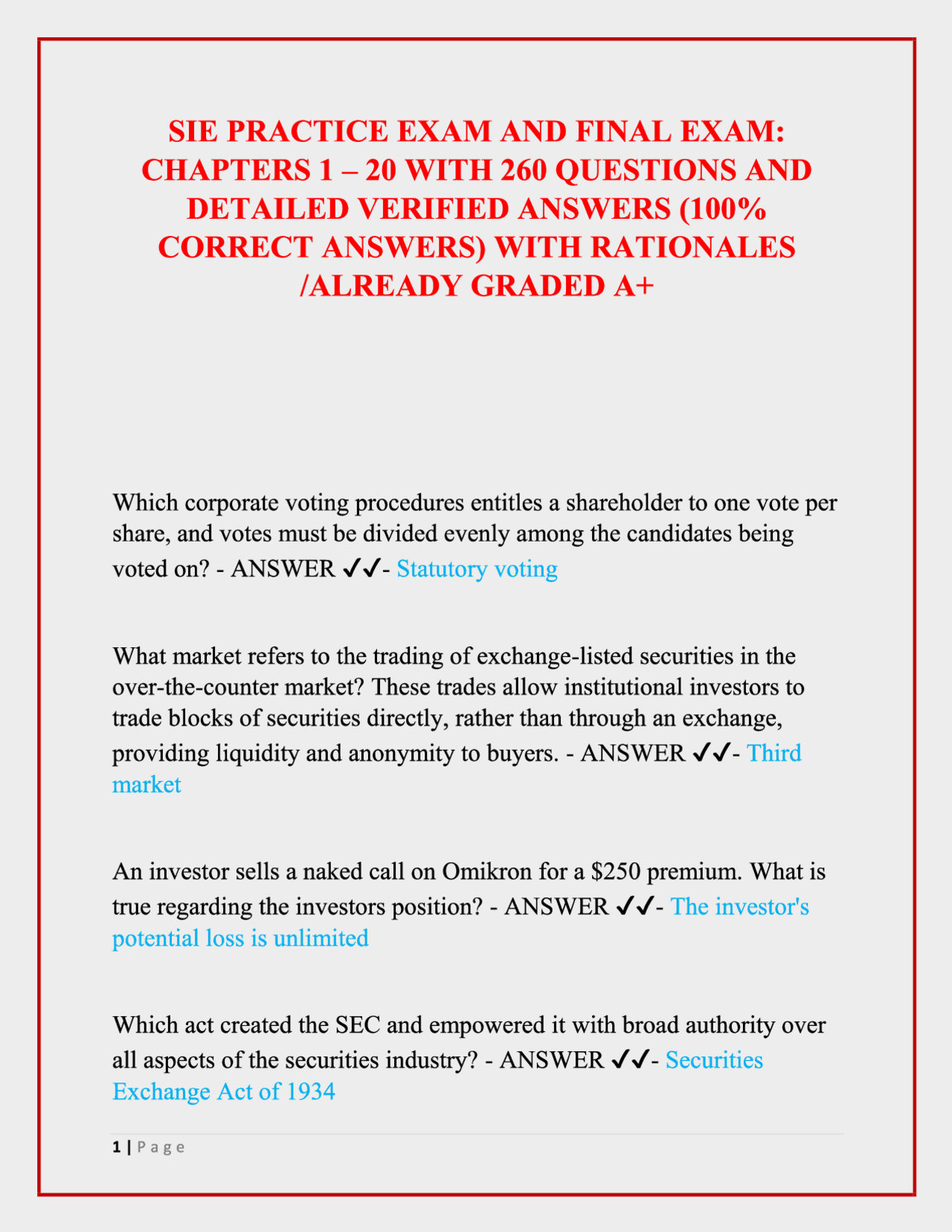 FINRA SIE Exam – 2025/2026 Edition – Verified Questions with 100% ...