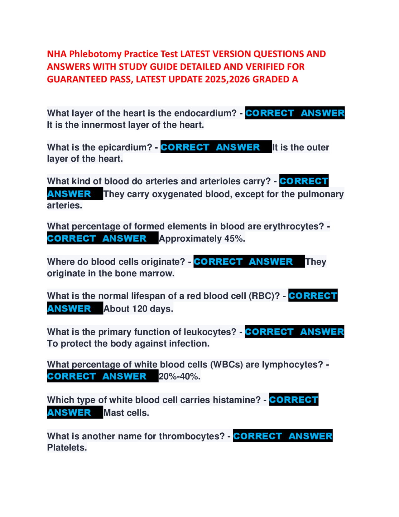 NHA Phlebotomy Practice Test LATEST VERSION QUESTIONS AND ANSWERS WITH ...