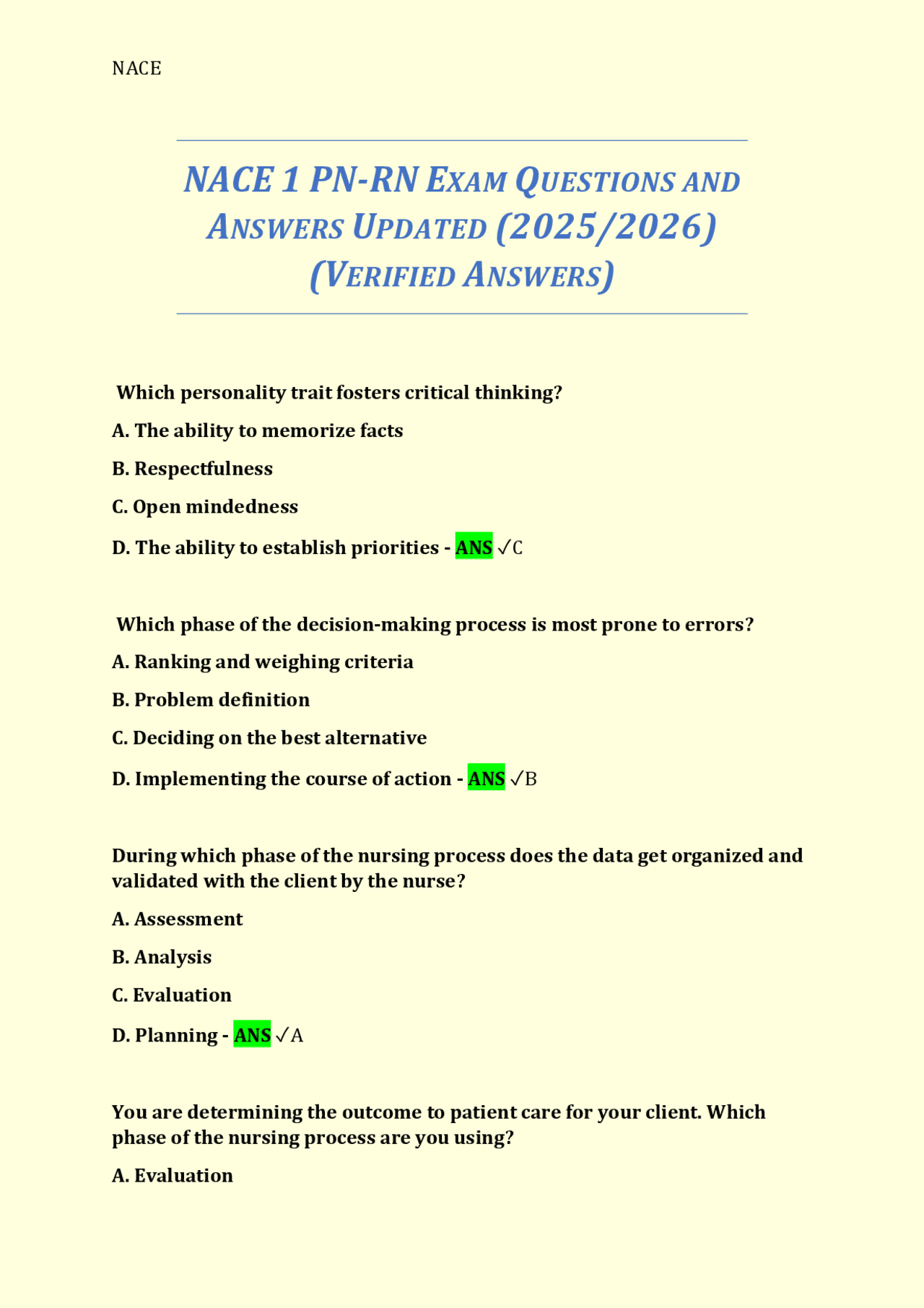 NACE 1 PN-RN Exam Questions and Answers (2025/2026) - Verified | Exams ...