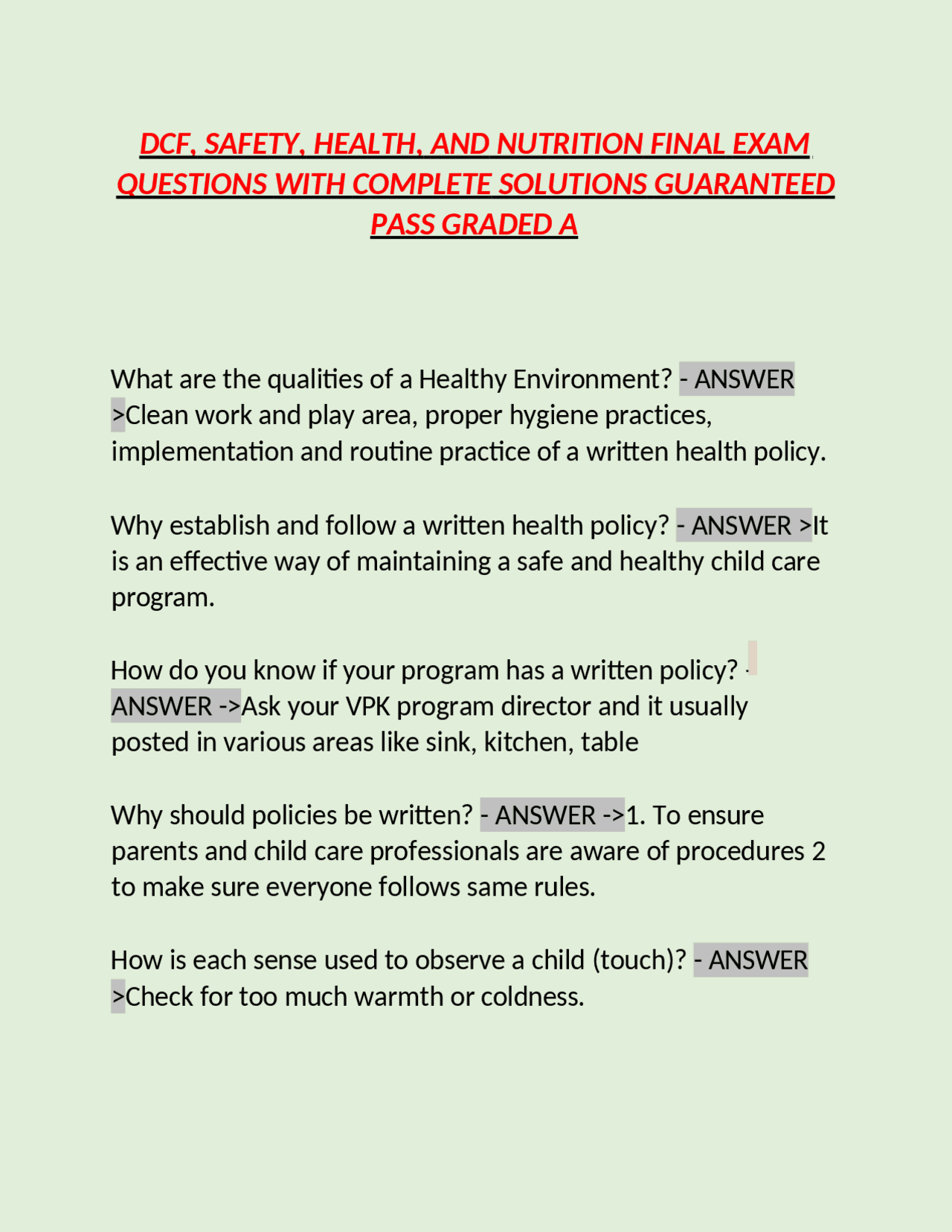 DCF, SAFETY, HEALTH, AND NUTRITION FINAL EXAM QUESTIONS WITH COMPLETE ...