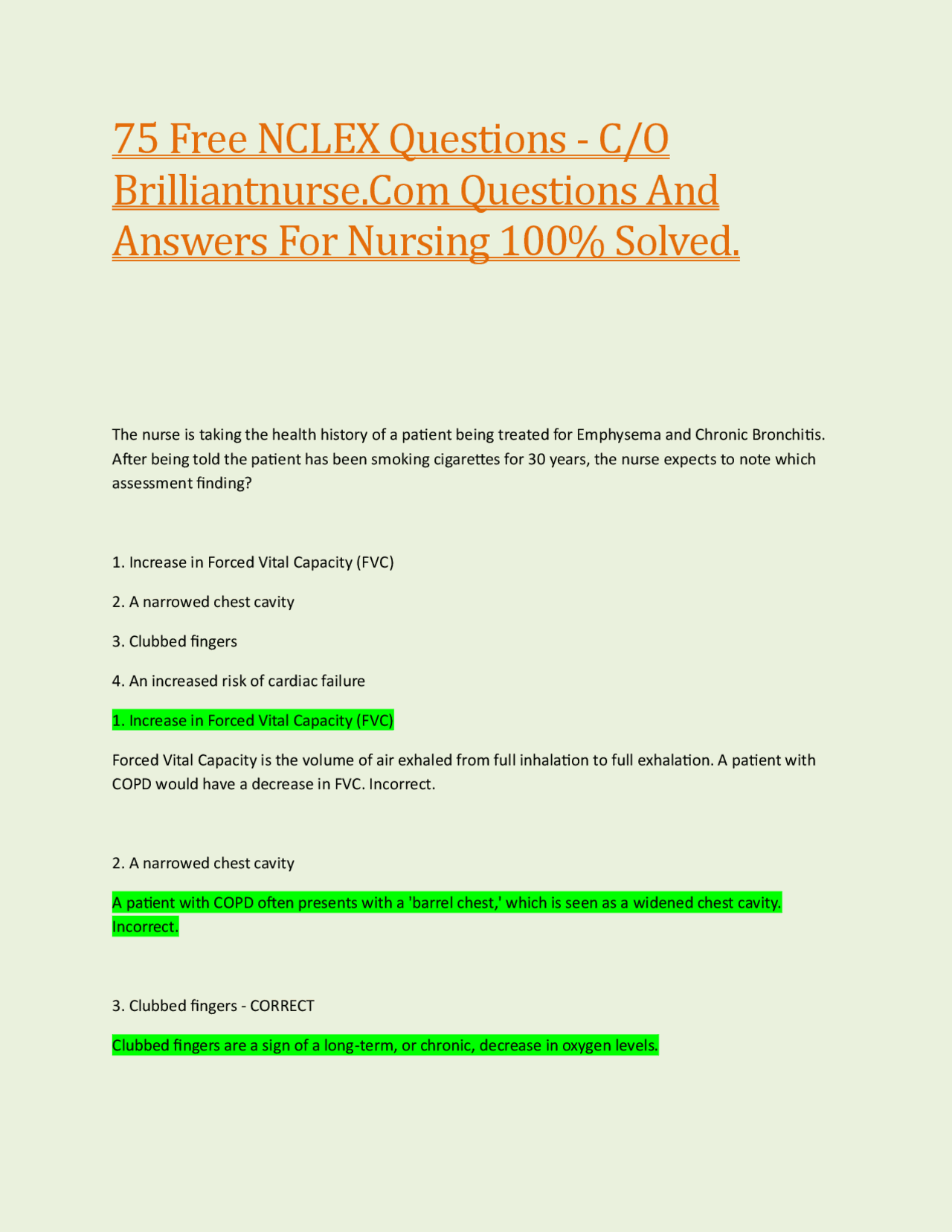 75 Free NCLEX Questions - C/O Brilliantnurse.Com Questions And Answers ...