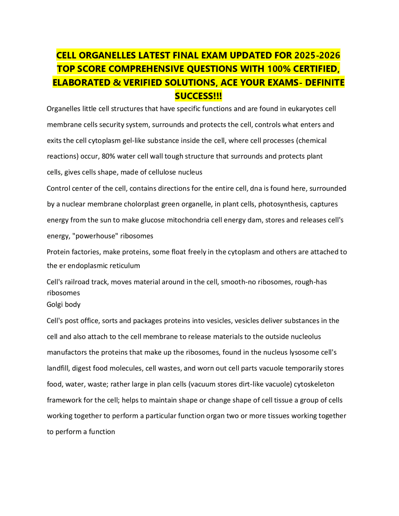 CELL ORGANELLES LATEST FINAL EXAM UPDATED FOR 2025-2026 TOP SCORE ...