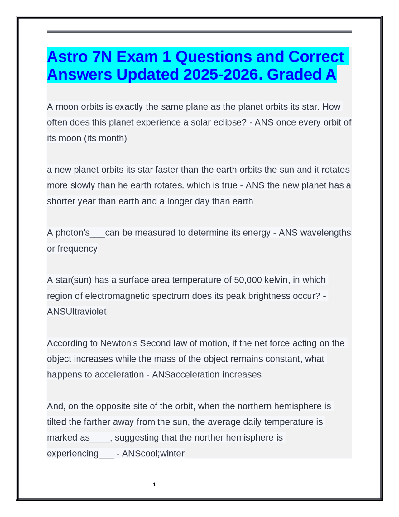 Astro 7N Exam 1 Questions and Correct Answers Updated 2025-2026. Graded ...
