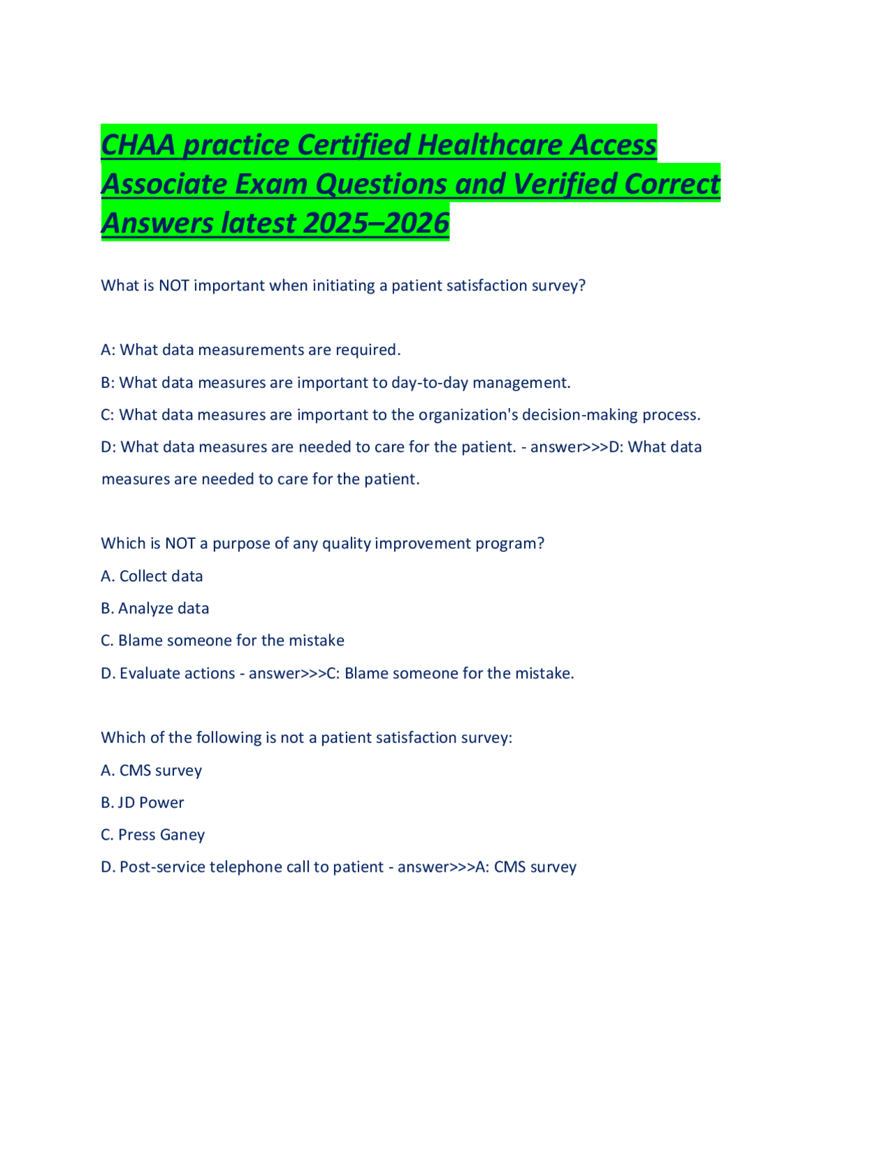 CHAA practice Certified Healthcare Access Associate Exam Questions and Verified Correct An ...