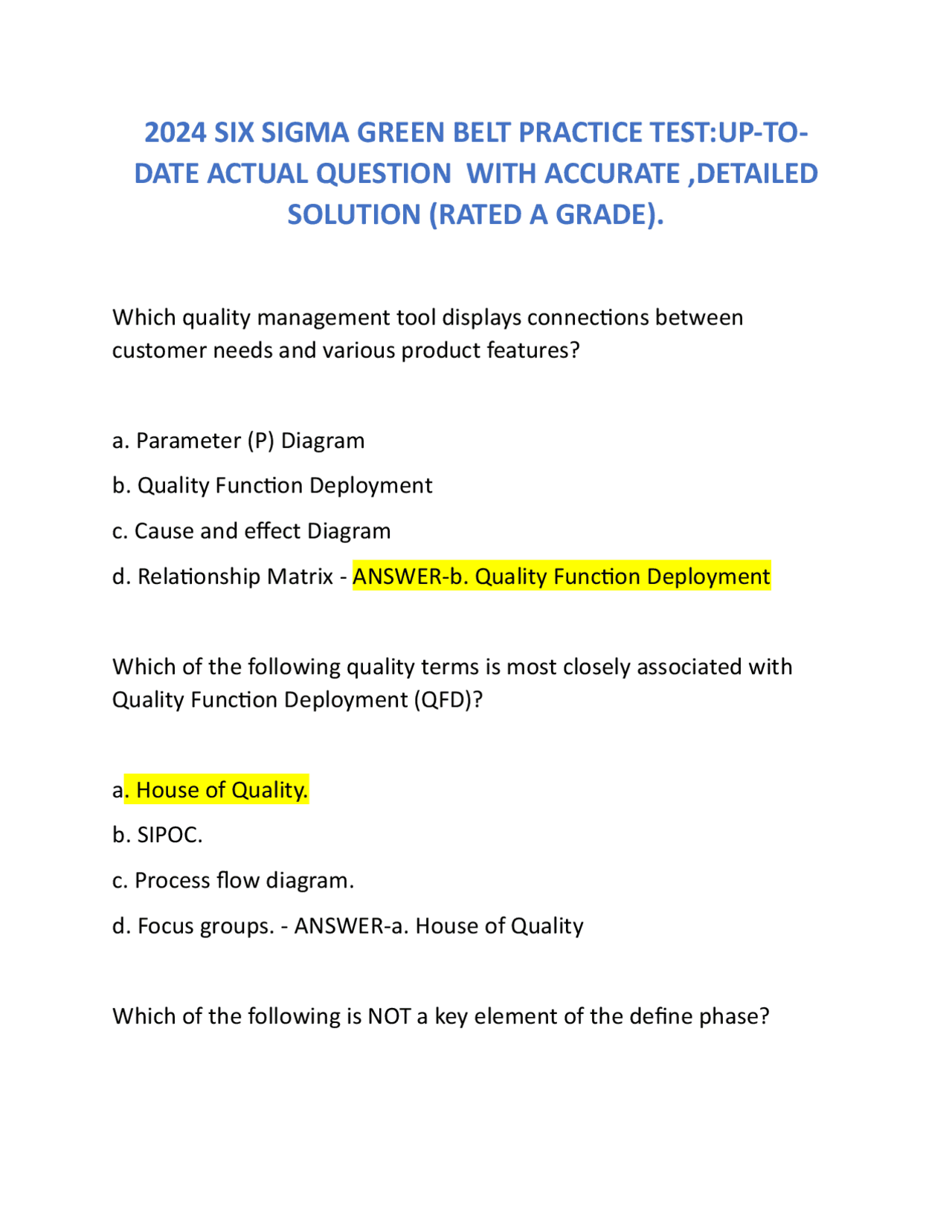 2024 SIX SIGMA GREEN BELT PRACTICE TEST:UP-TODATE ACTUAL QUESTION WITH ...