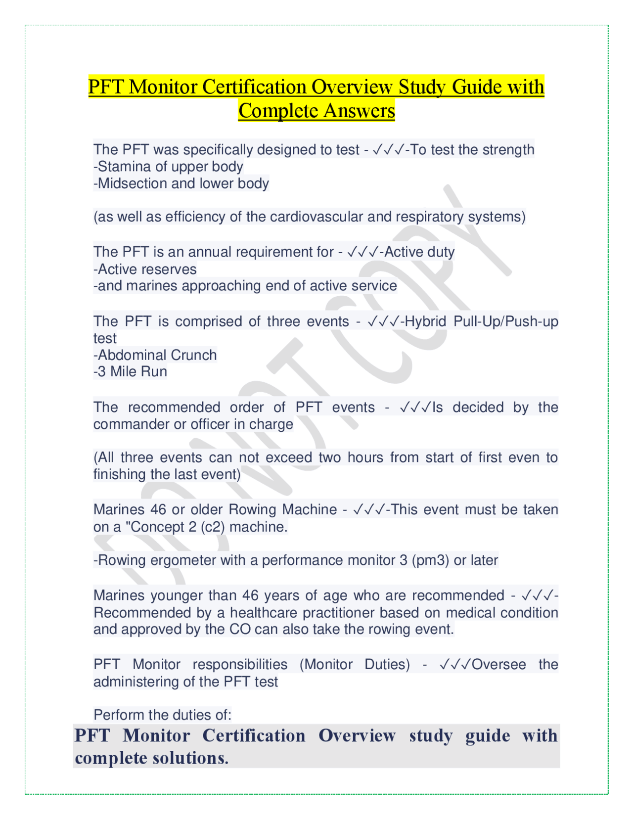 PFT Monitor Certification Overview Study Guide with Complete Answers ...