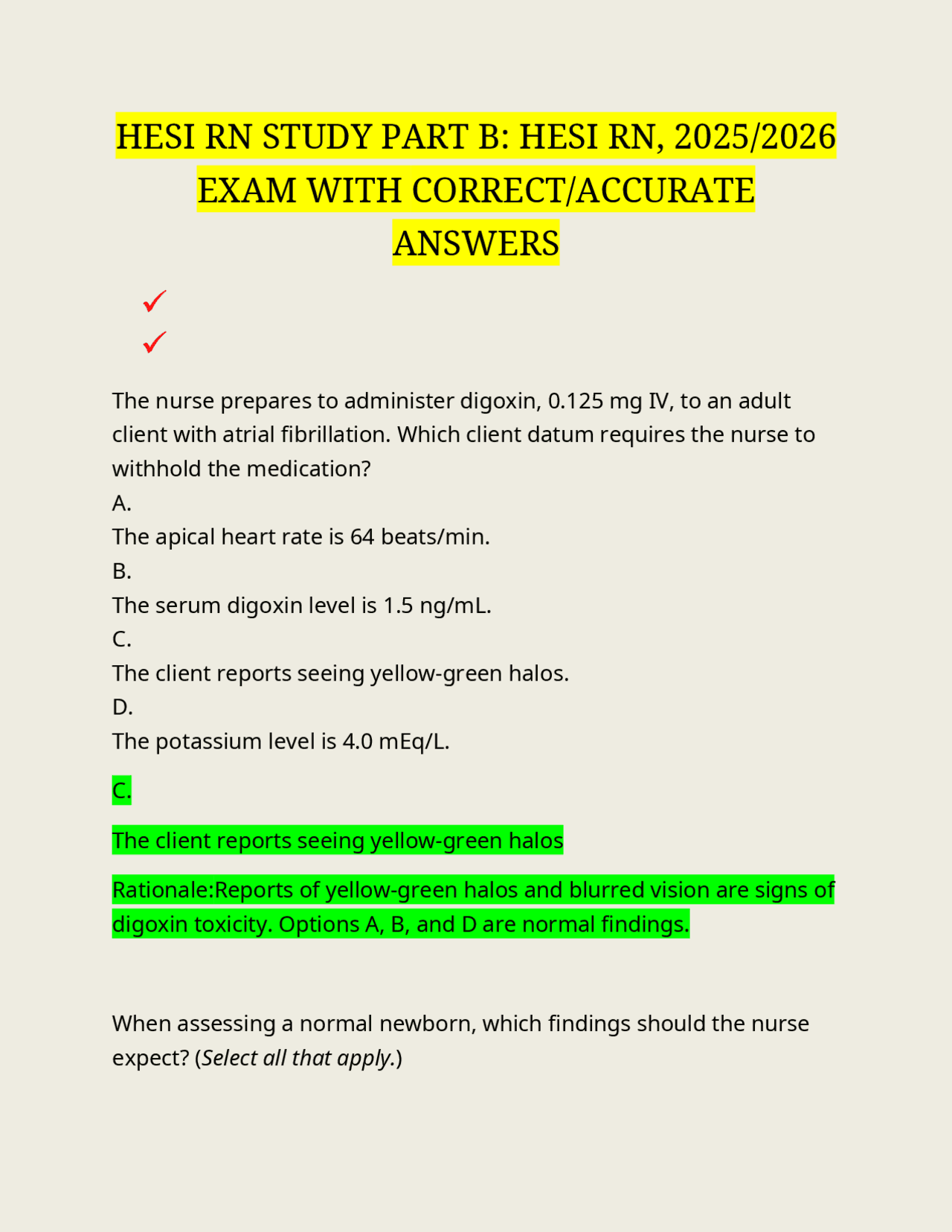 HESI RN STUDY PART B: HESI RN, 2025/2026 EXAM WITH CORRECT/ACCURATE ...